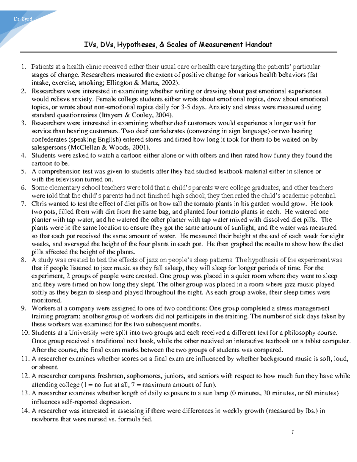 PSYC212 Handout 1 IV DV and Scales of Measurement Practice - 1 Dr. Syed IVs, DVs, Hypotheses ...