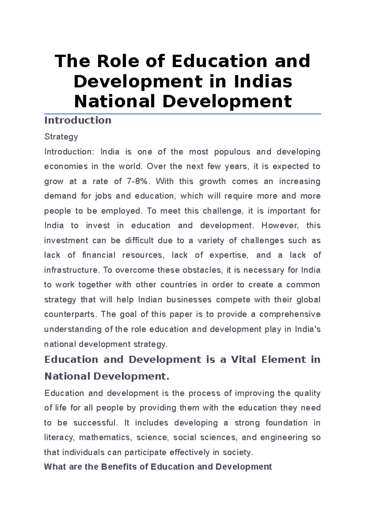 The Role of Education and Development in Indias National Development ...