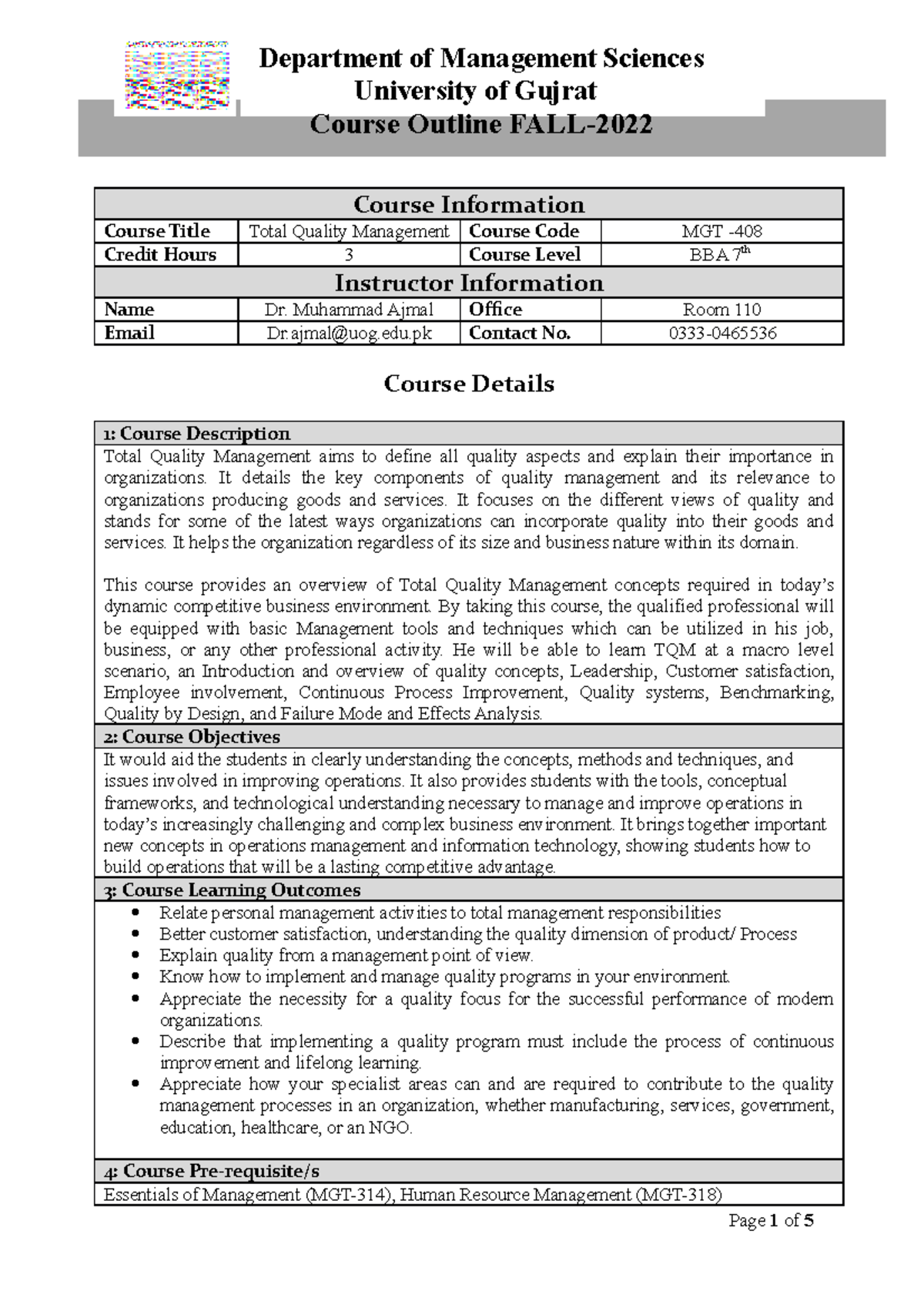 TQM course outline - Asdss - Course Information Course Title Total ...