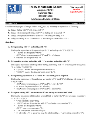 CS402 Theory of automata - Theory of Automata (CS402) Assignment # 01 Spring 2024 Total marks ...