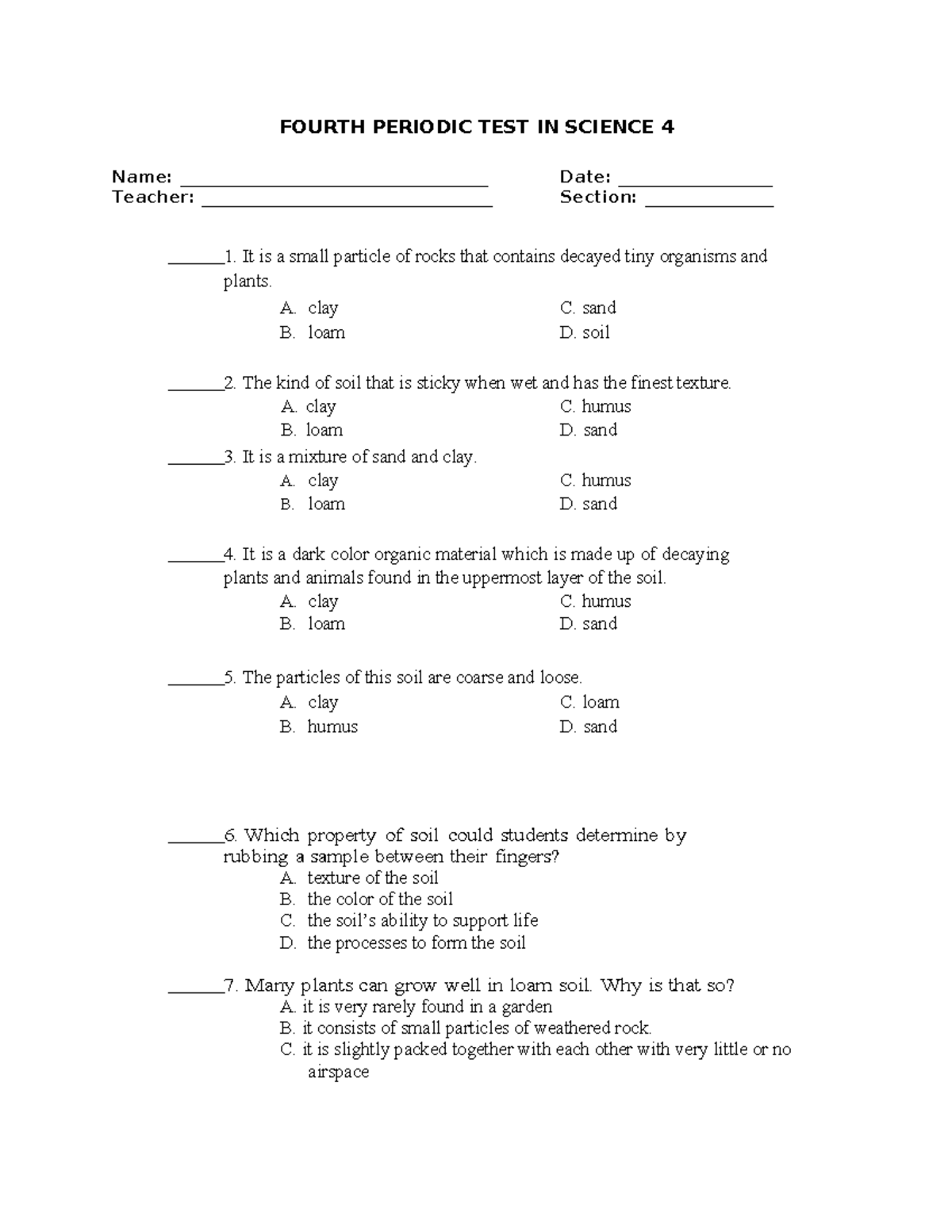 Science Q4 Periodic Test - FOURTH PERIODIC TEST IN SCIENCE 4 Name ...