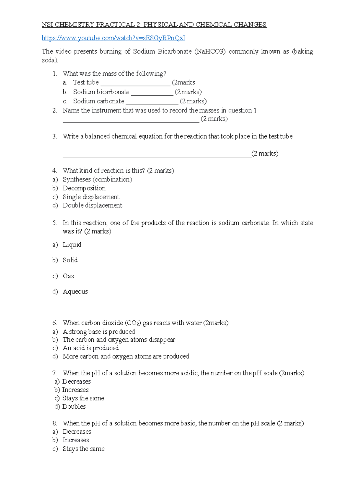 NSI Chemistry Practical 2-1 - NSI CHEMISTRY PRACTICAL 2: PHYSICAL AND ...