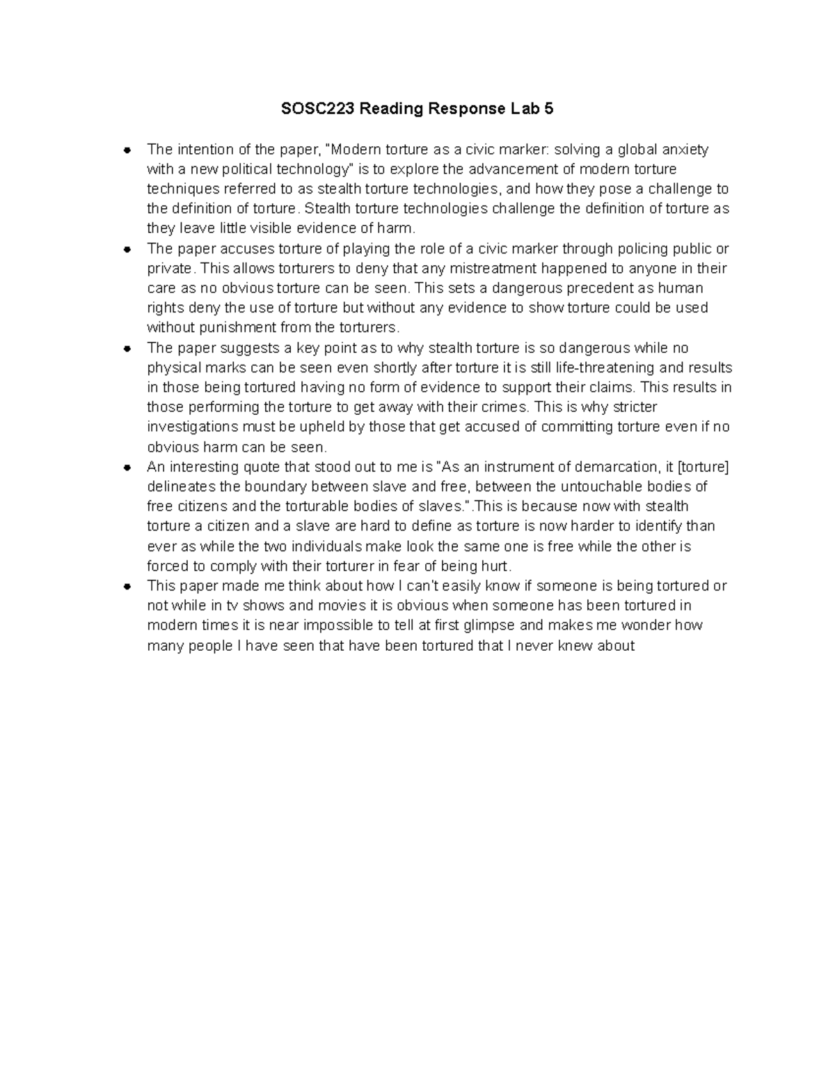 Reading Responce Lab 5 - Google Docs - SOSC223 Reading Response Lab 5 ...