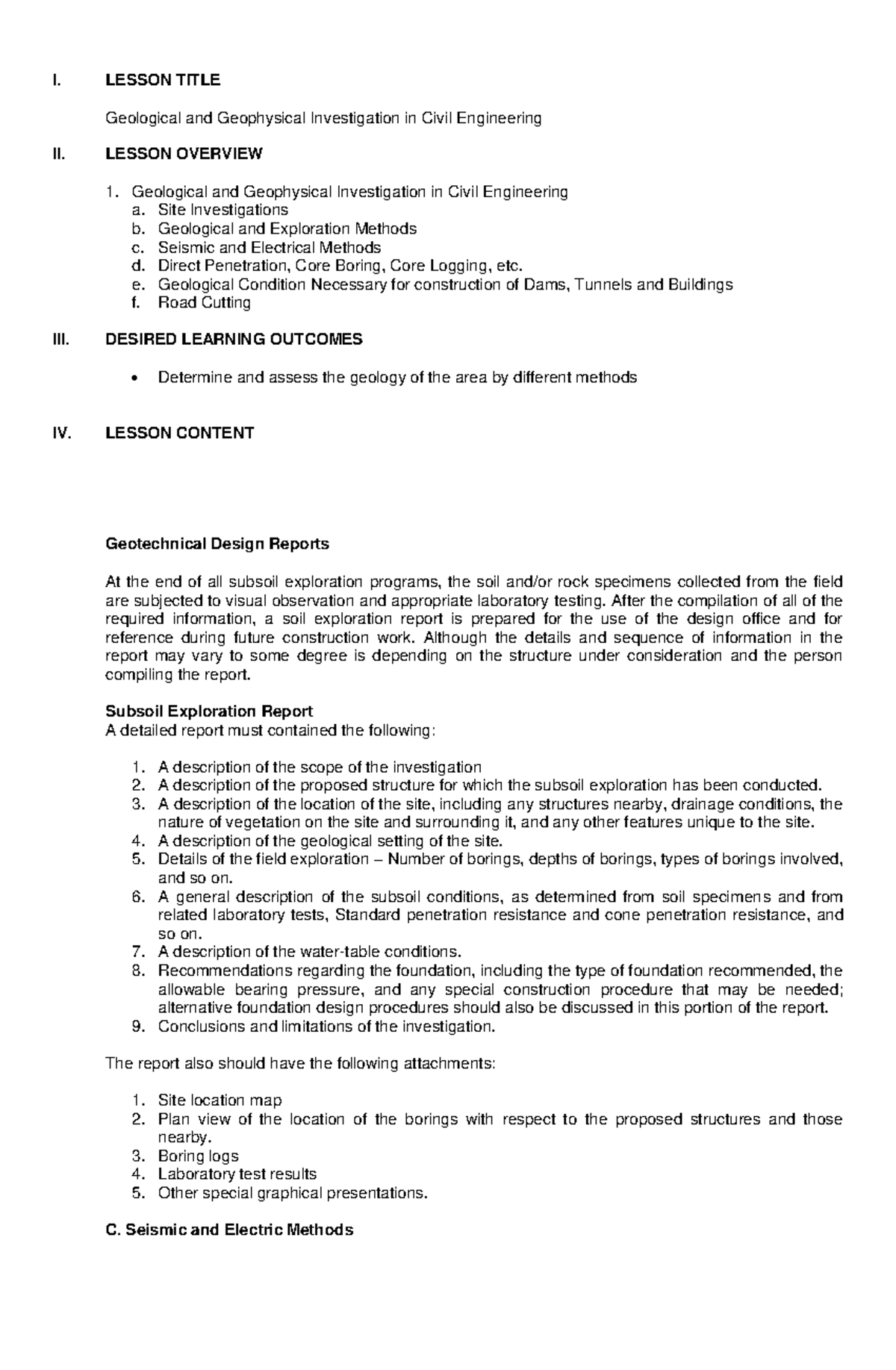 Geotechnical Design Reports - I. LESSON TITLE Geological and ...