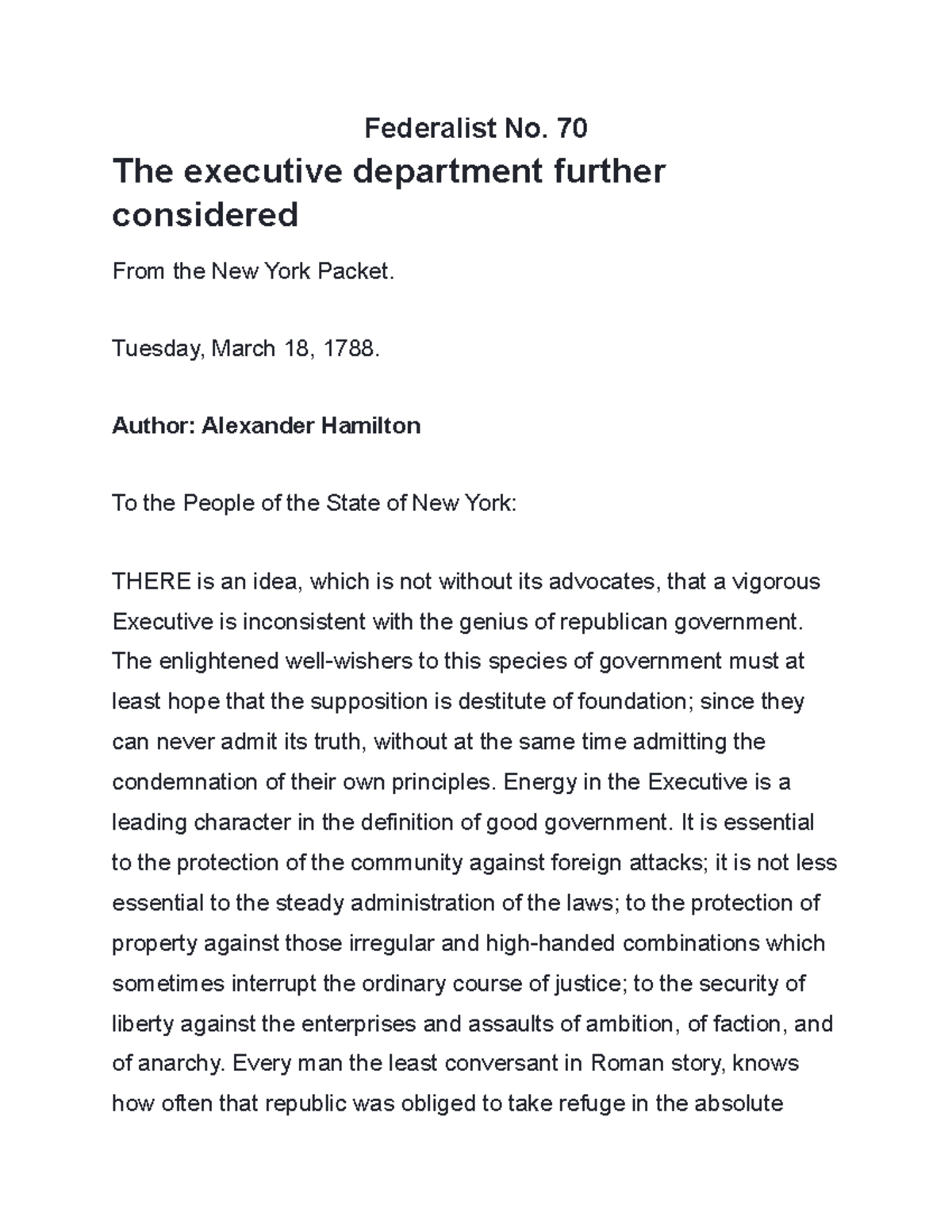 Federalist No 70 - Federalist No. 70 The executive department further ...