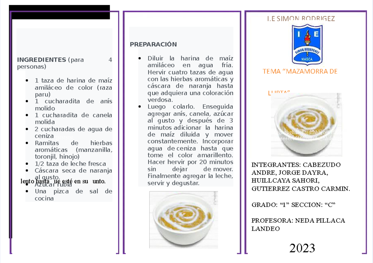 Triptico mazamorra de llipta - PREPARACION DE LA CHICHA MORADA: Primero ...