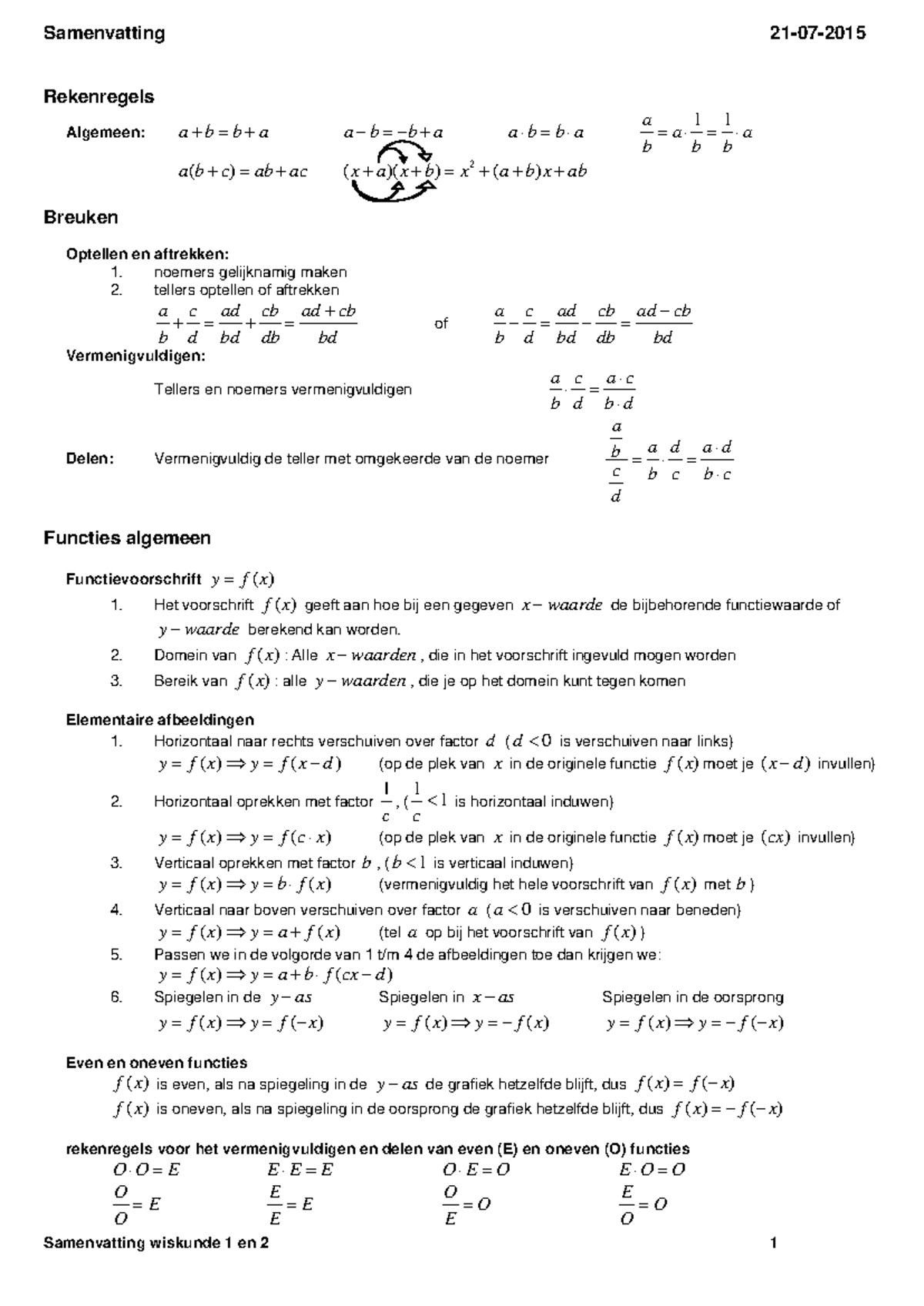 Samenvatting Wiskunde Ma2T2 - Samenvatting Rekenregels Algemeen: a b a ...