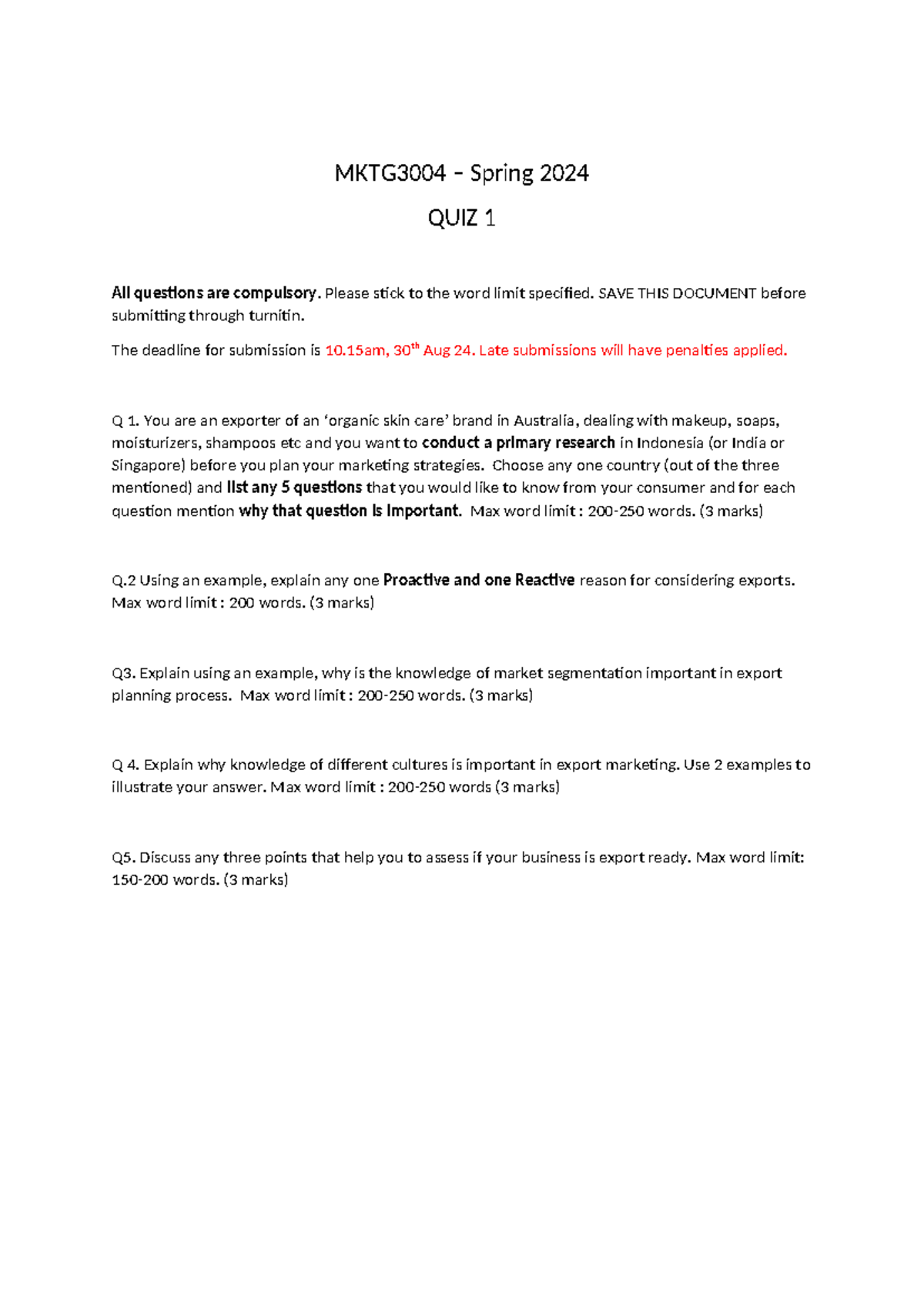 MKTG3004 Quiz 1 2024 - MKTG quiz 1 - MKTG3004 – Spring 2024 QUIZ 1 All ...