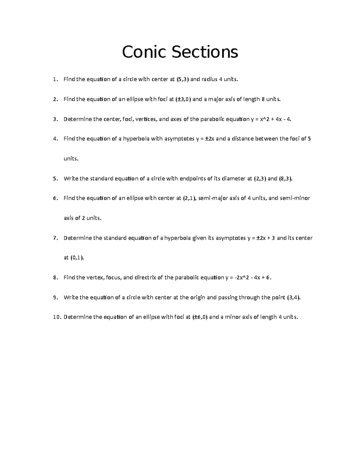 Conic Sections - self-made worksheets for calculus 2 - Conic Sections ...