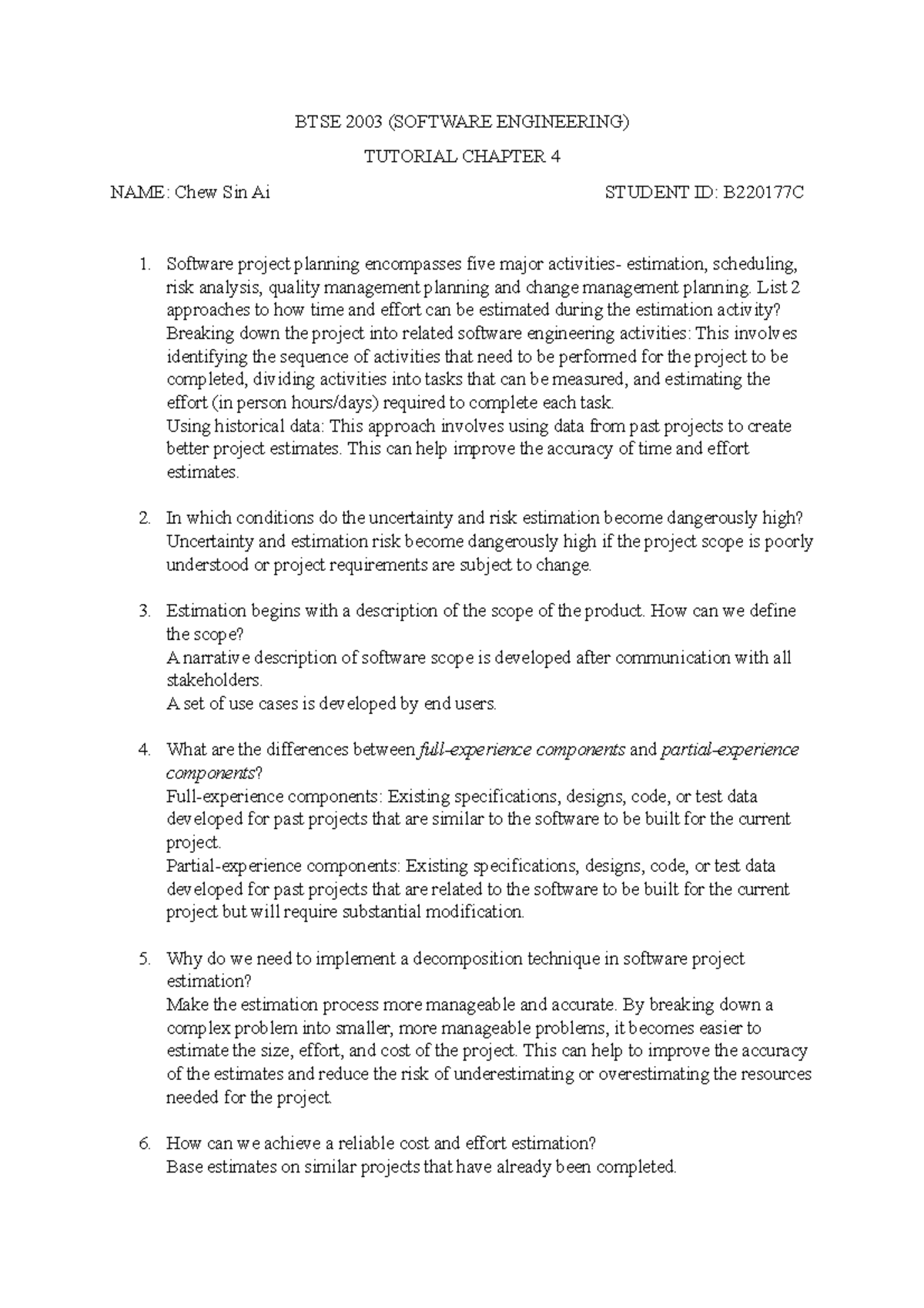 Software Engineering Btse 2003 Software Engineering Tutorial Chapter 4 Name Chew Sin Ai