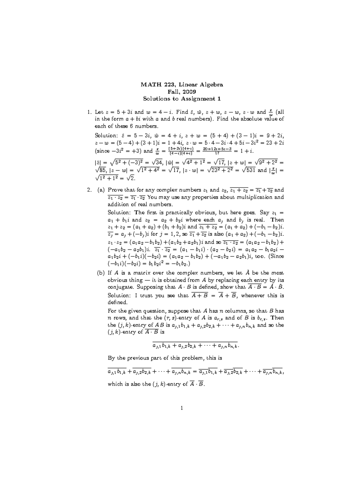 Assignement 1 Solutions 2009 - MATH 223, Linear Algebra Fall, 2009 ...