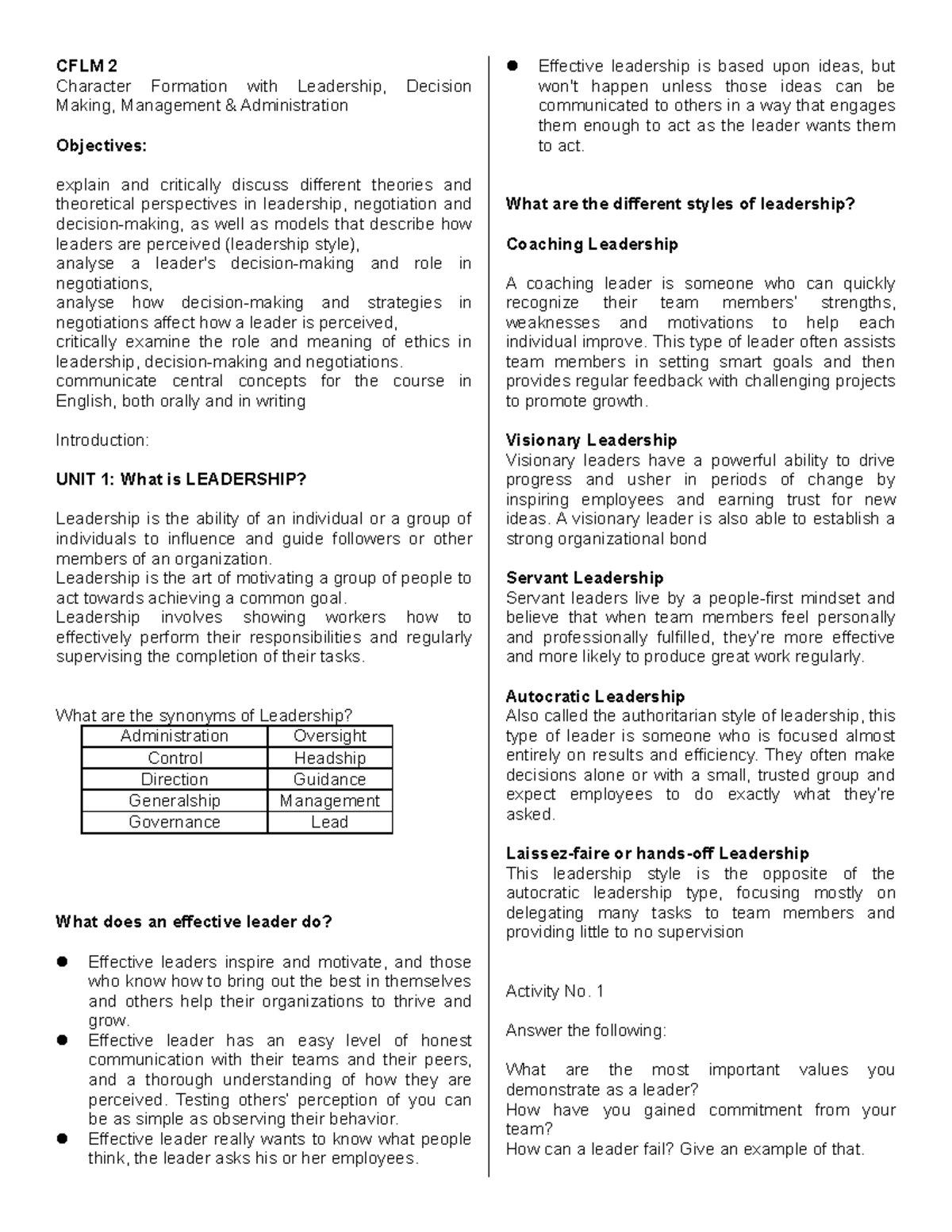 Character, Formation, Leadership and Management - CFLM 2 Character ...