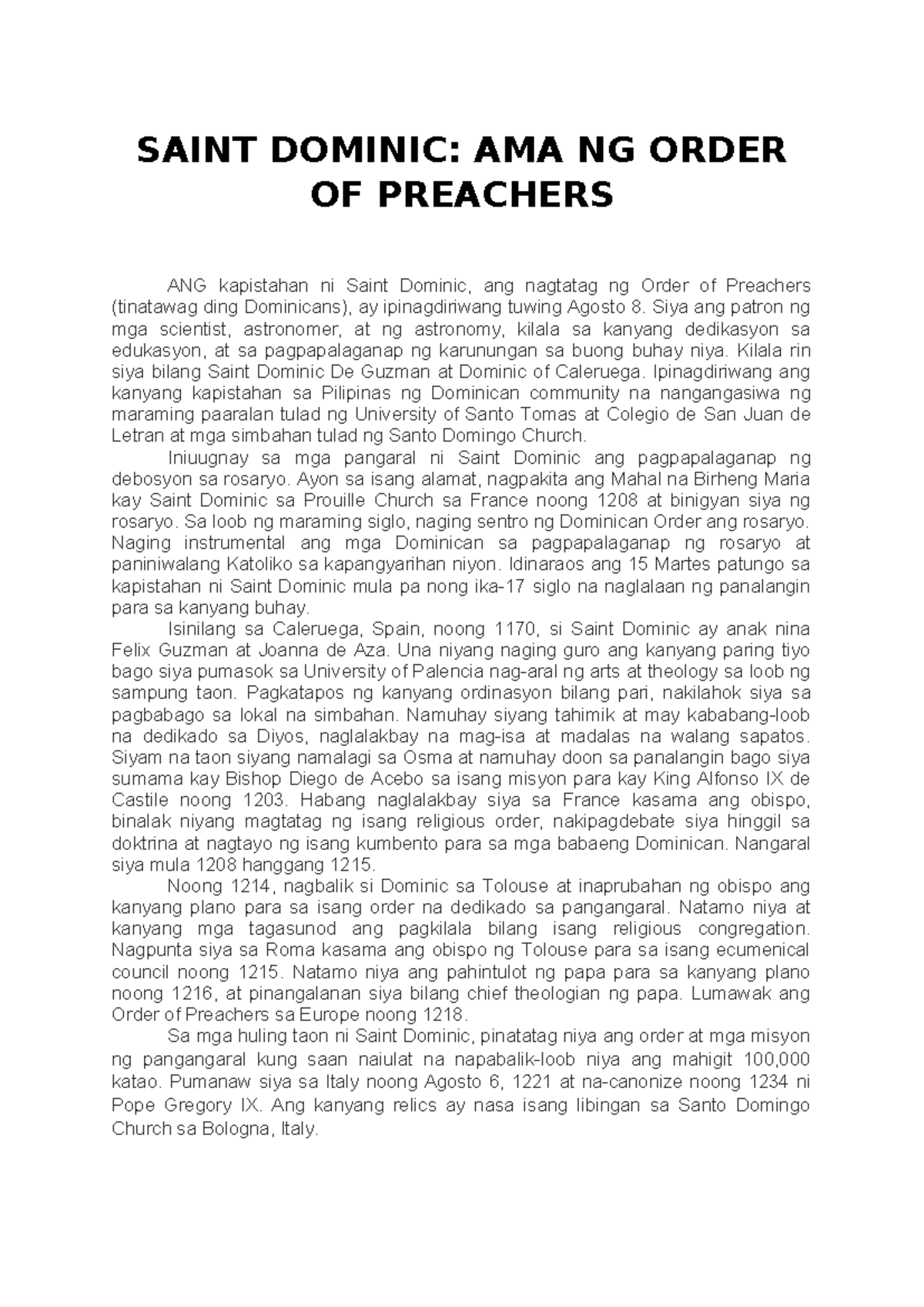 Saint Dominic - lecture - SAINT DOMINIC: AMA NG ORDER OF PREACHERS ANG ...