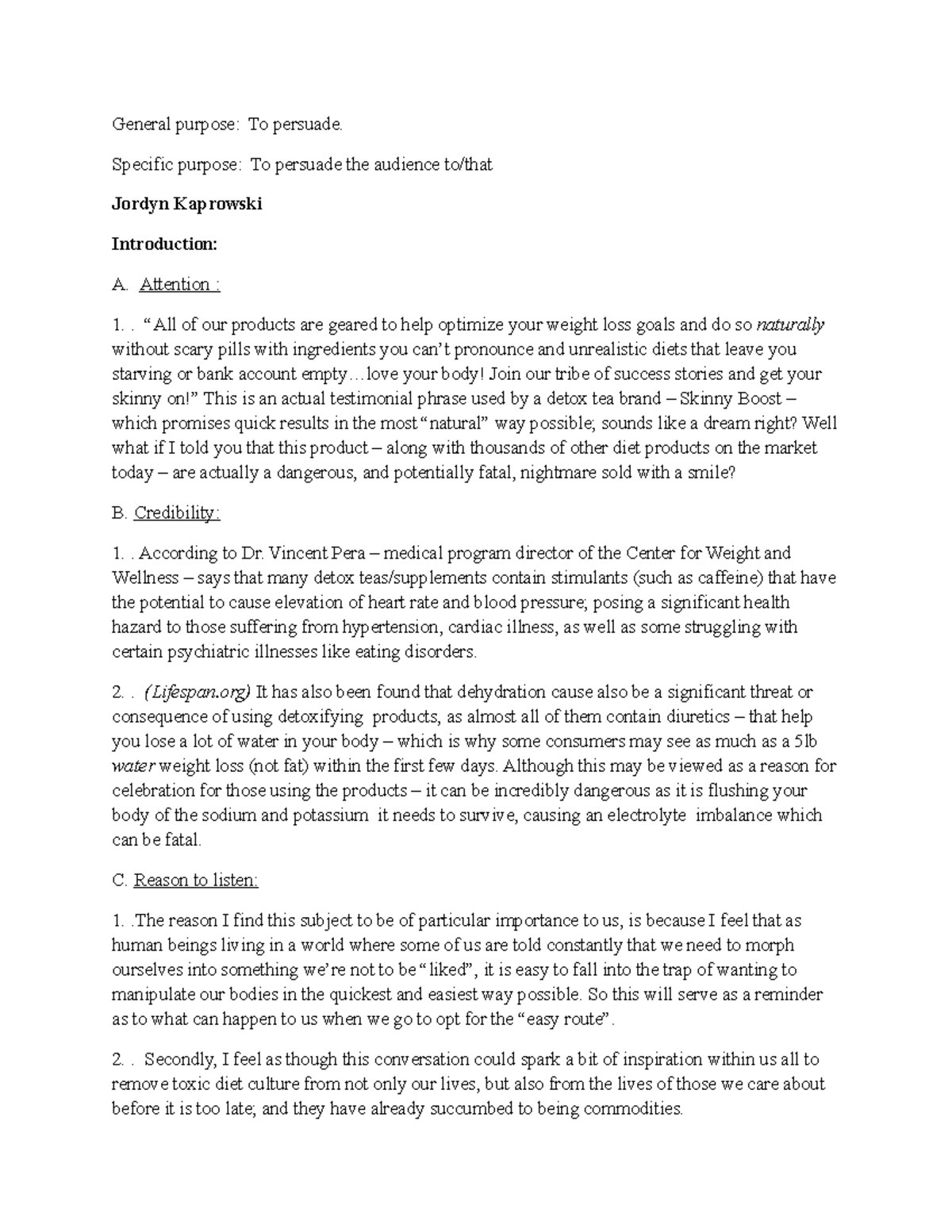 Persuasive Speech Introduction - General purpose: To persuade. Specific ...