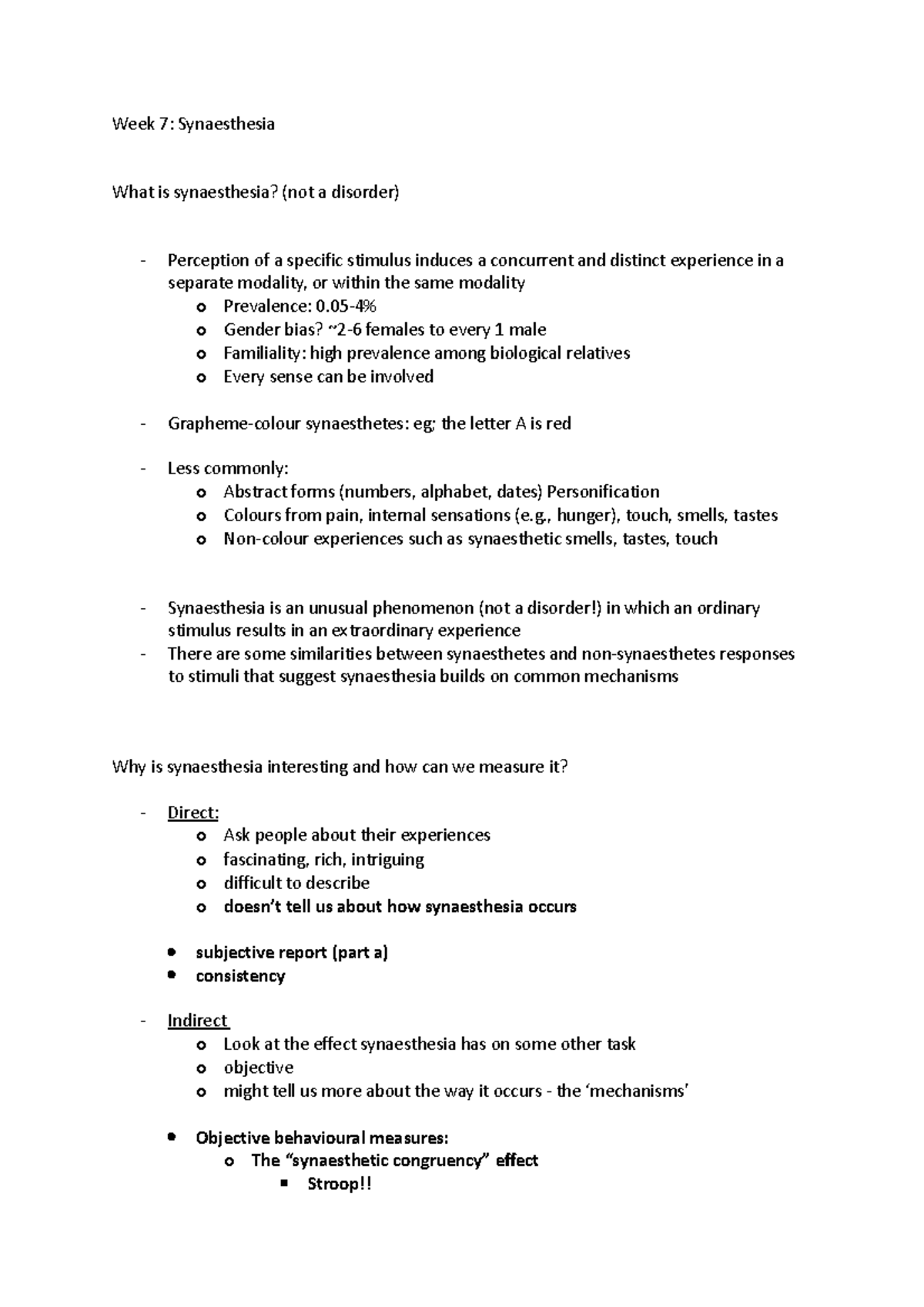 Week 8 12 Cogs Content Lecture Notes Week 7 Synaesthesia What Is Synaesthesia Not A