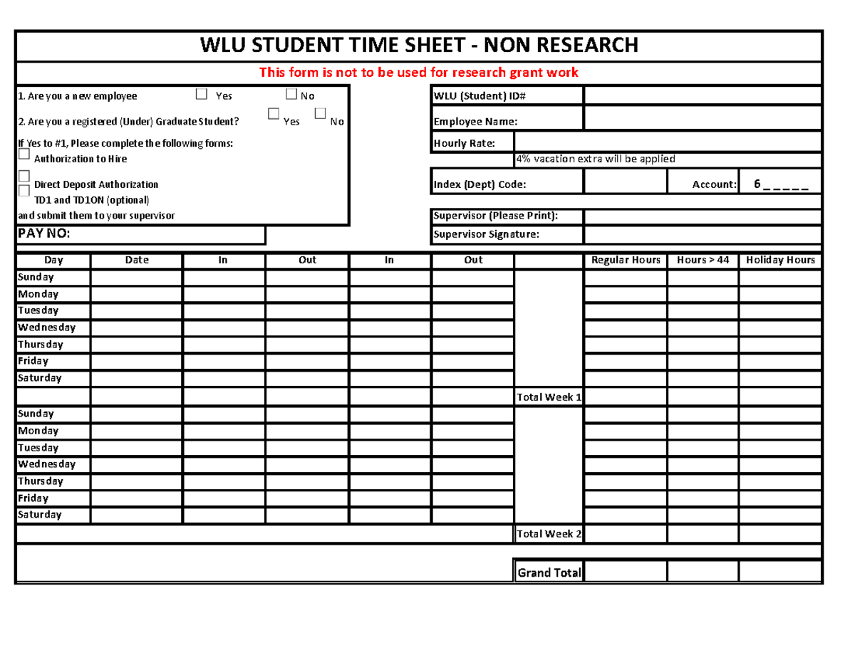 Student timesheet non research - Are you a new employee Yes No WLU ...