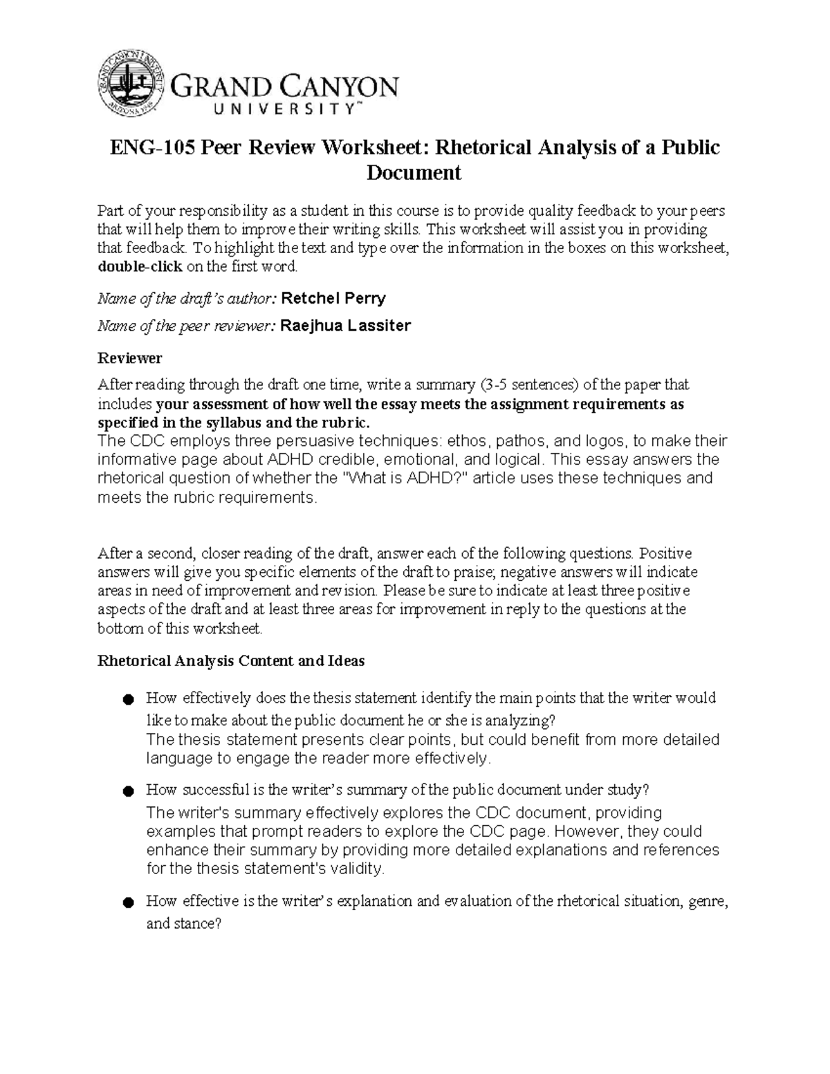 ENG-105-RS-Rhetorical Analysis Peer Review Worksheet Online - ENG-105 ...