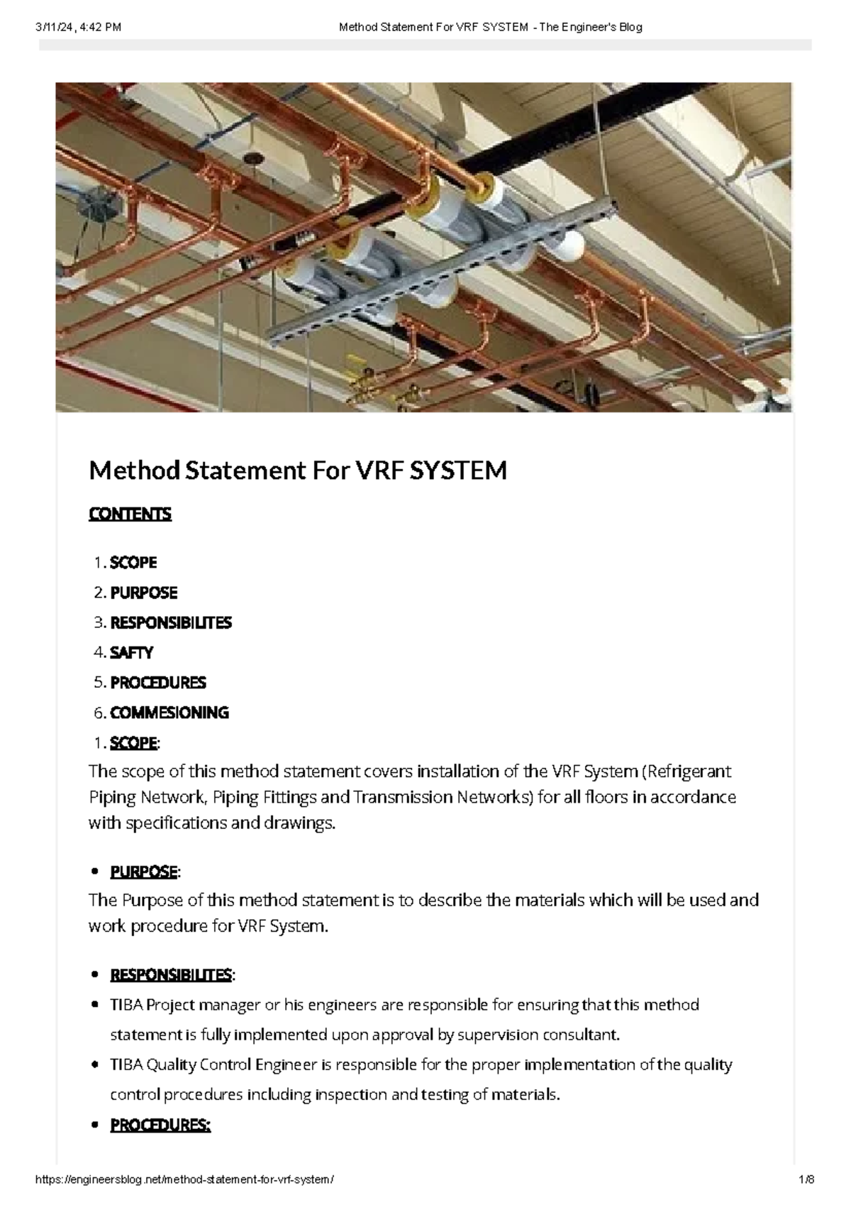 Method Statement For VRF System - The Engineer's Blog - Method Statement For VRF SYSTEM CONTENTS ...
