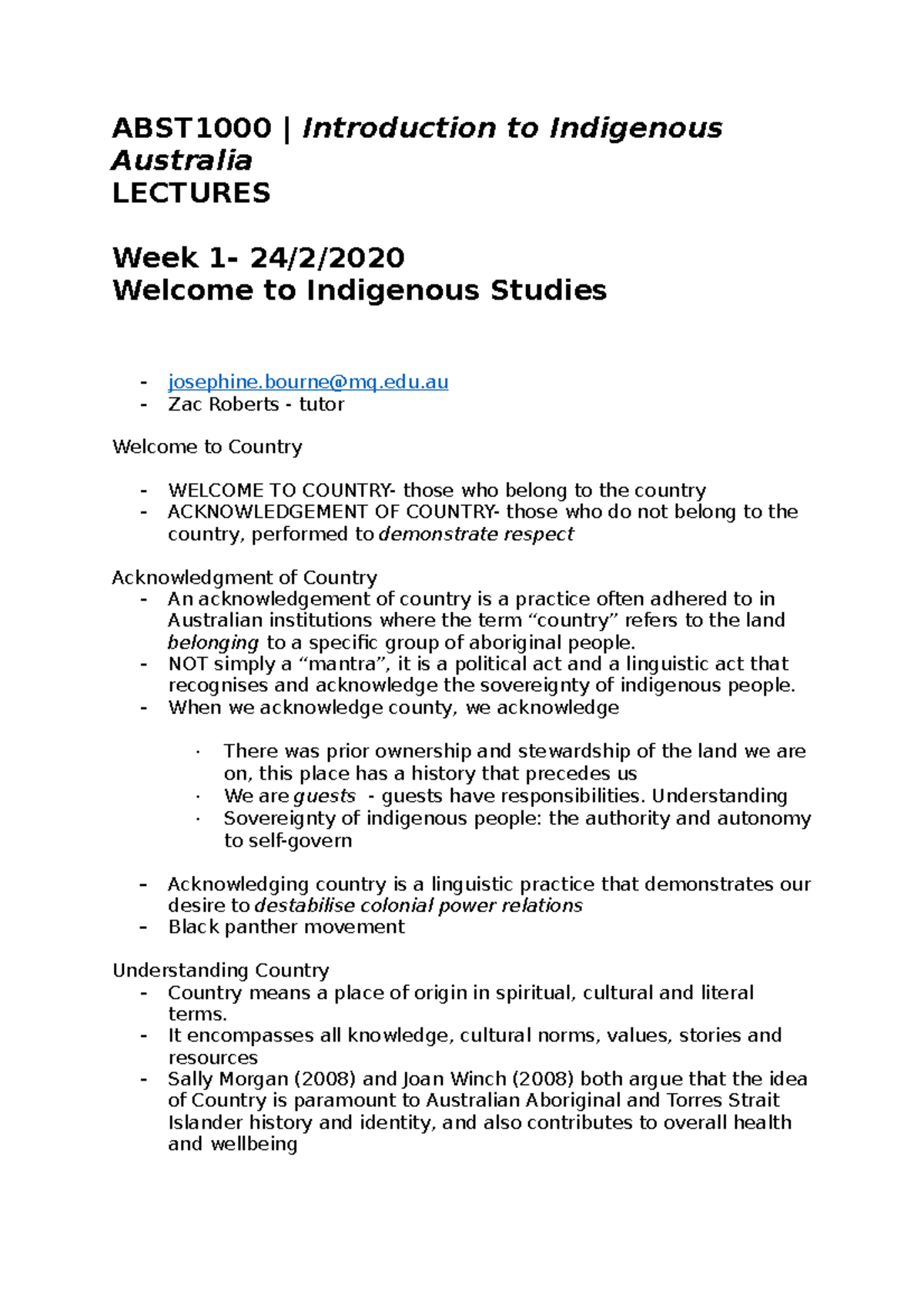 ABST100 0 - Lecture notes All - ABST1000 | Introduction to Indigenous ...