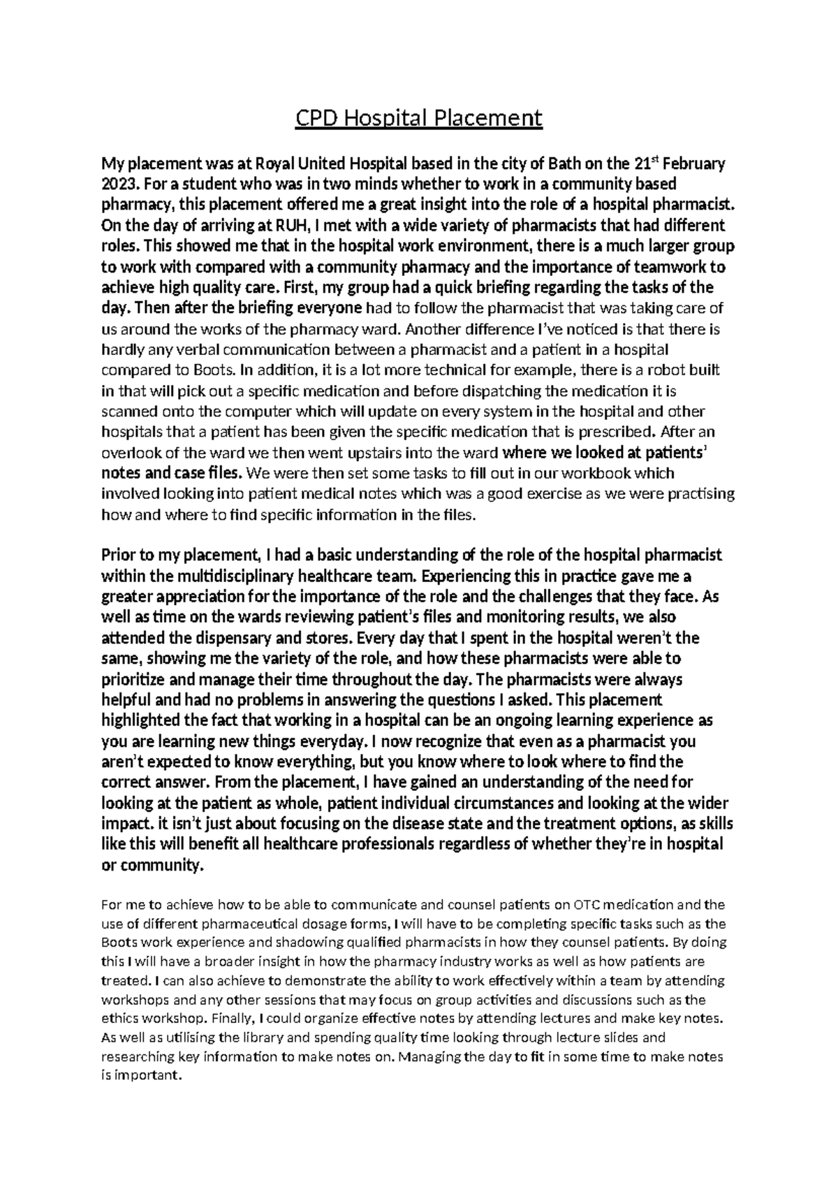 CPD Hospital Placement - For a student who was in two minds whether to ...
