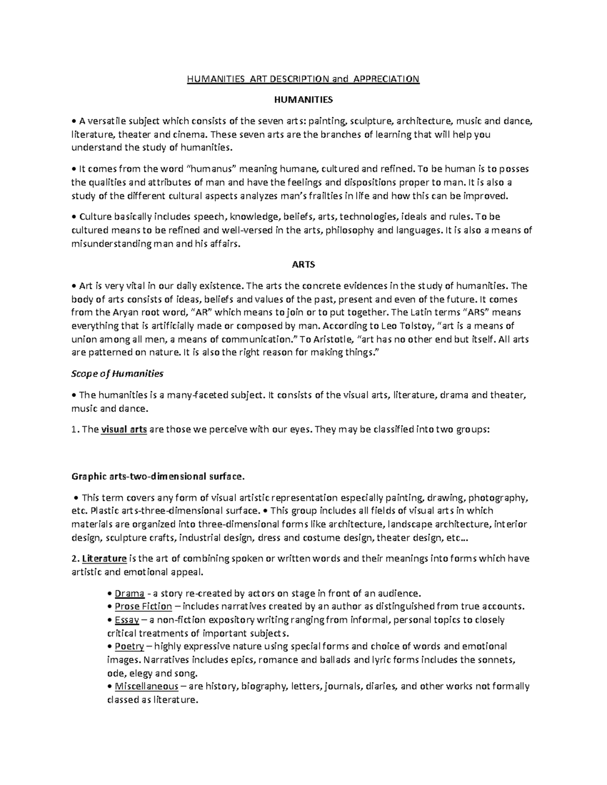 Lectures notes on Humanities - HUMANITIES ART DESCRIPTION and ...