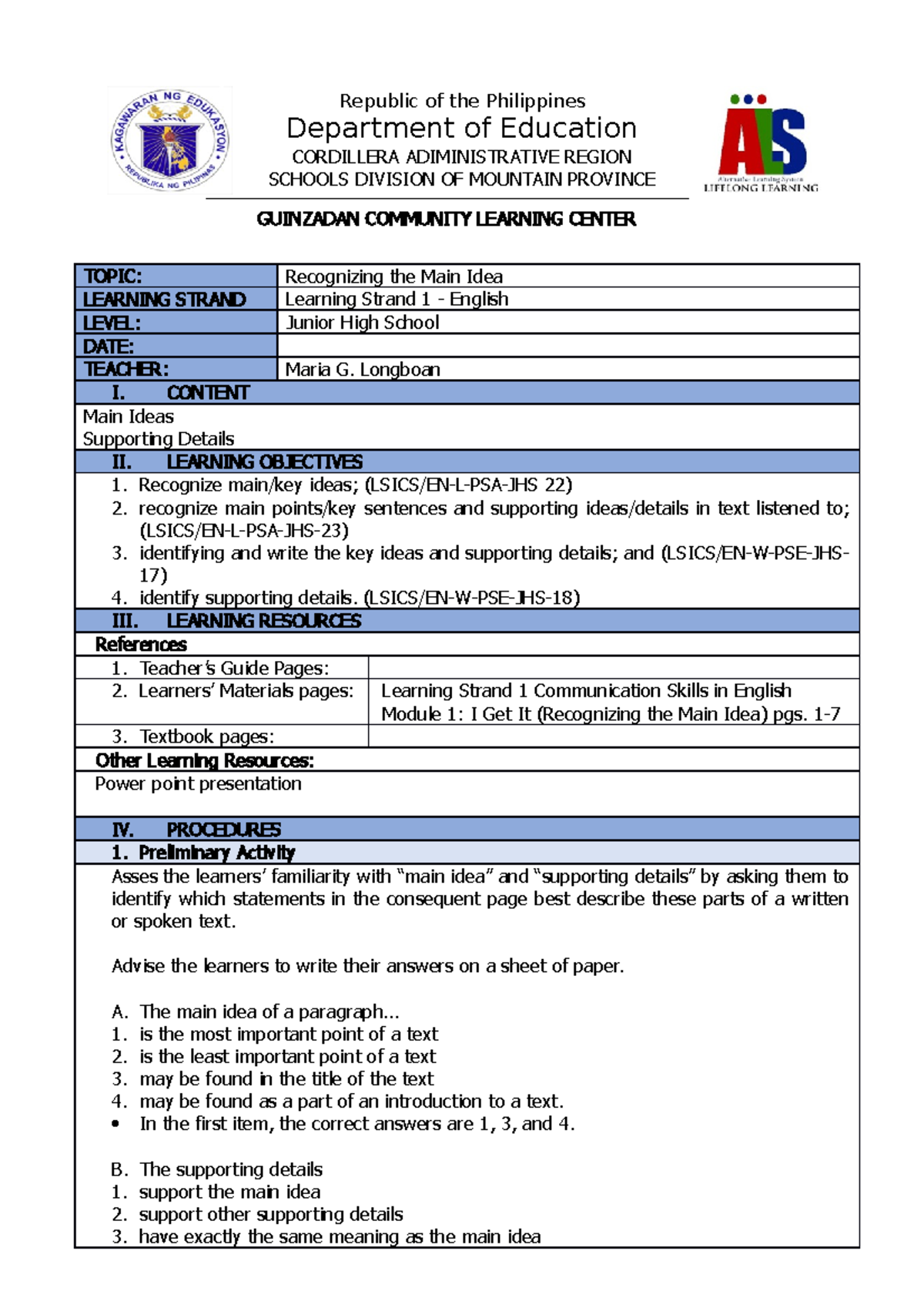 Lesson Plan 1 - English - Republic of the Philippines Department of ...