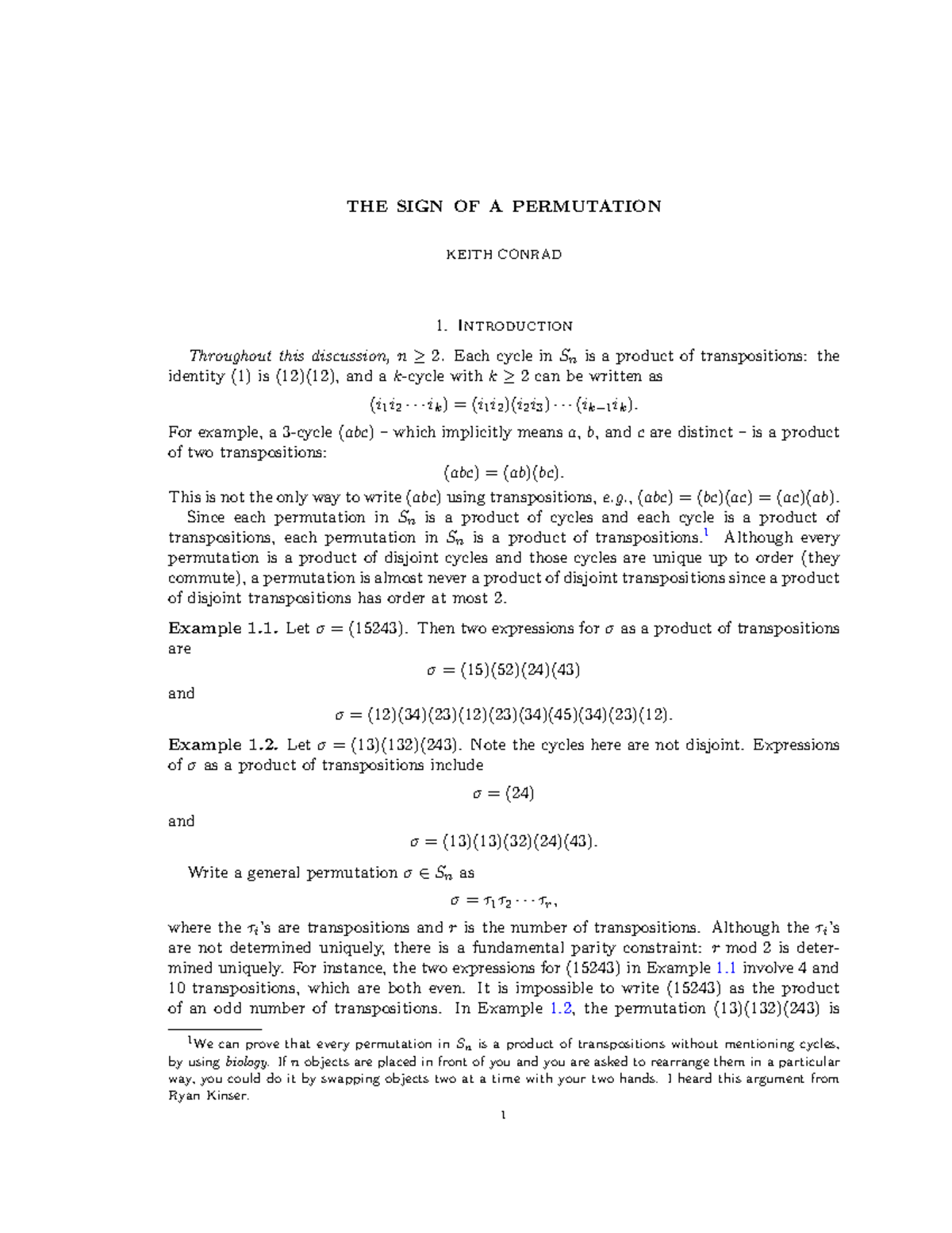 Sign - NOTES FOR COURSE - THE SIGN OF A PERMUTATION KEITH CONRAD ...
