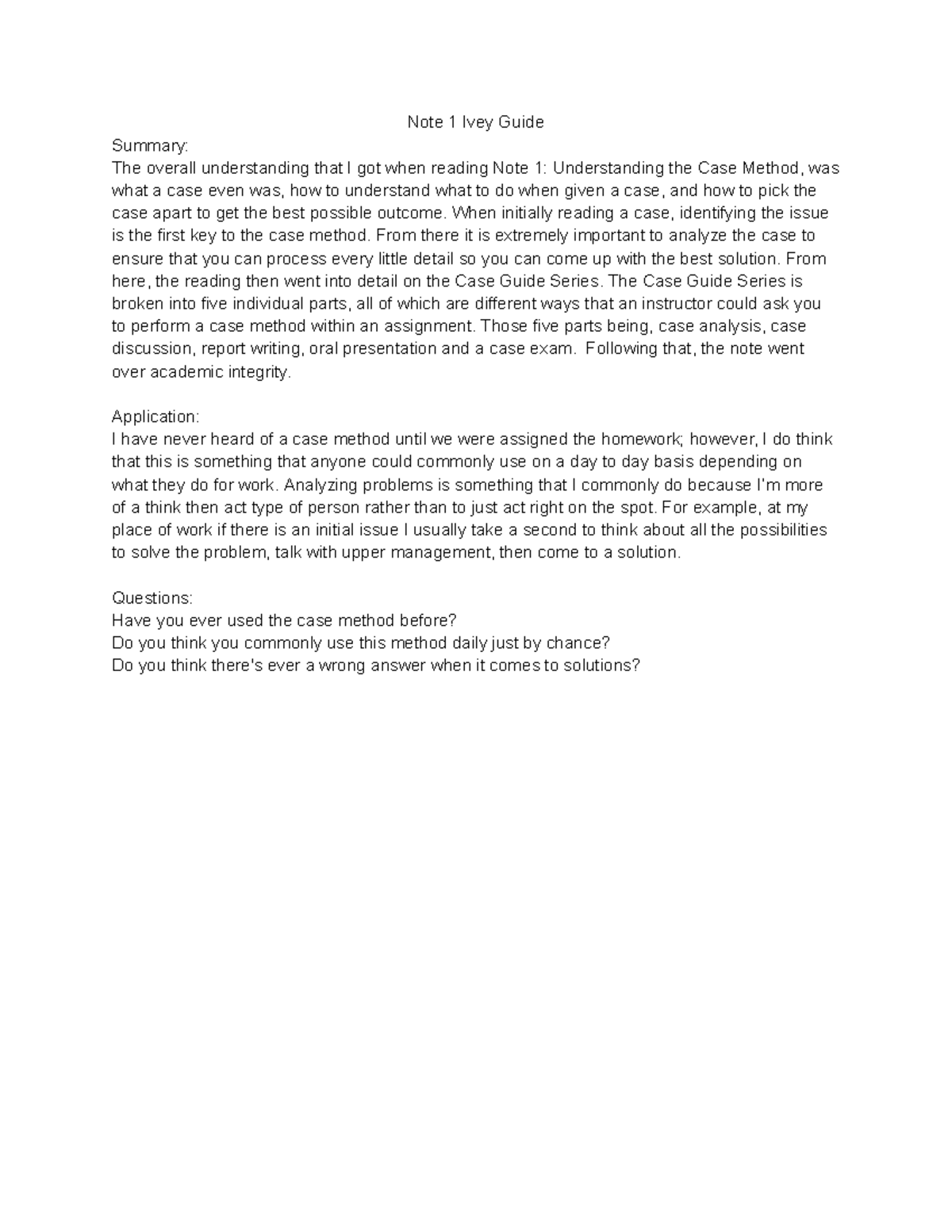 BUAD note 1 - Case 1 Reading Assignment - Note 1 Ivey Guide Summary ...