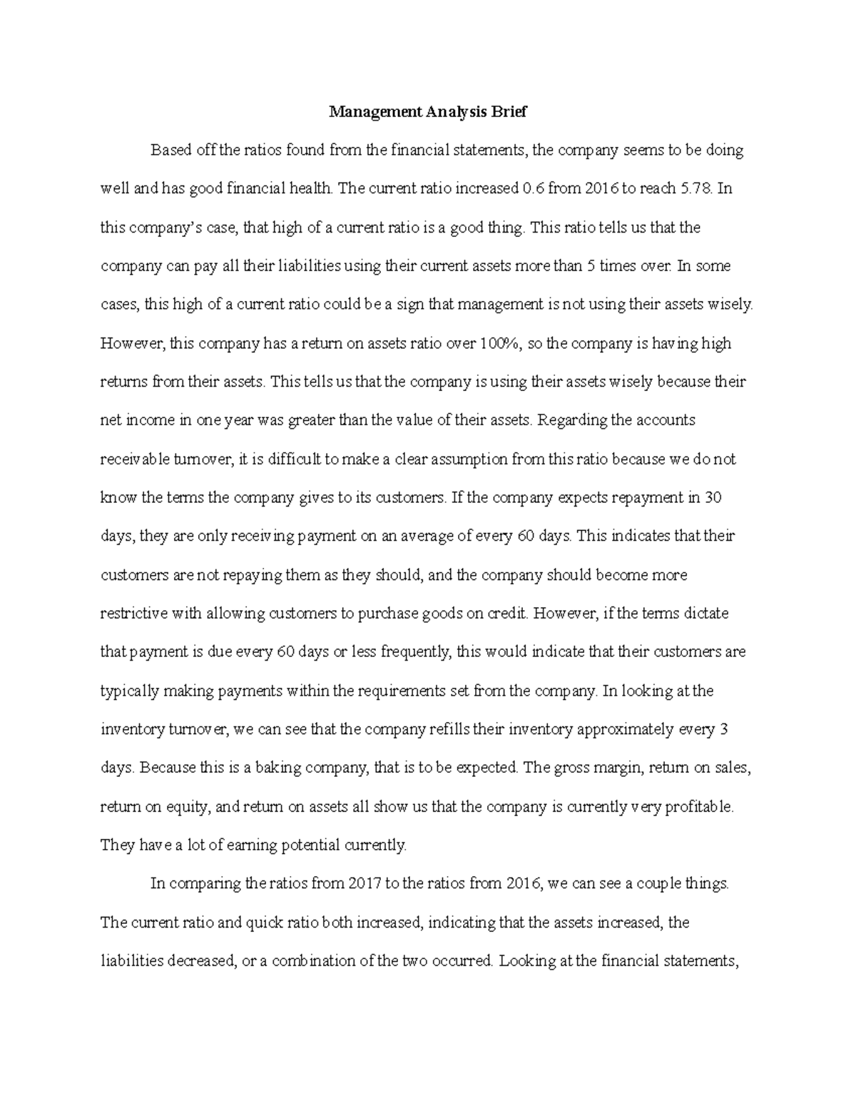 ACC 308 Final Management Analysis Memo Management Analysis Brief 