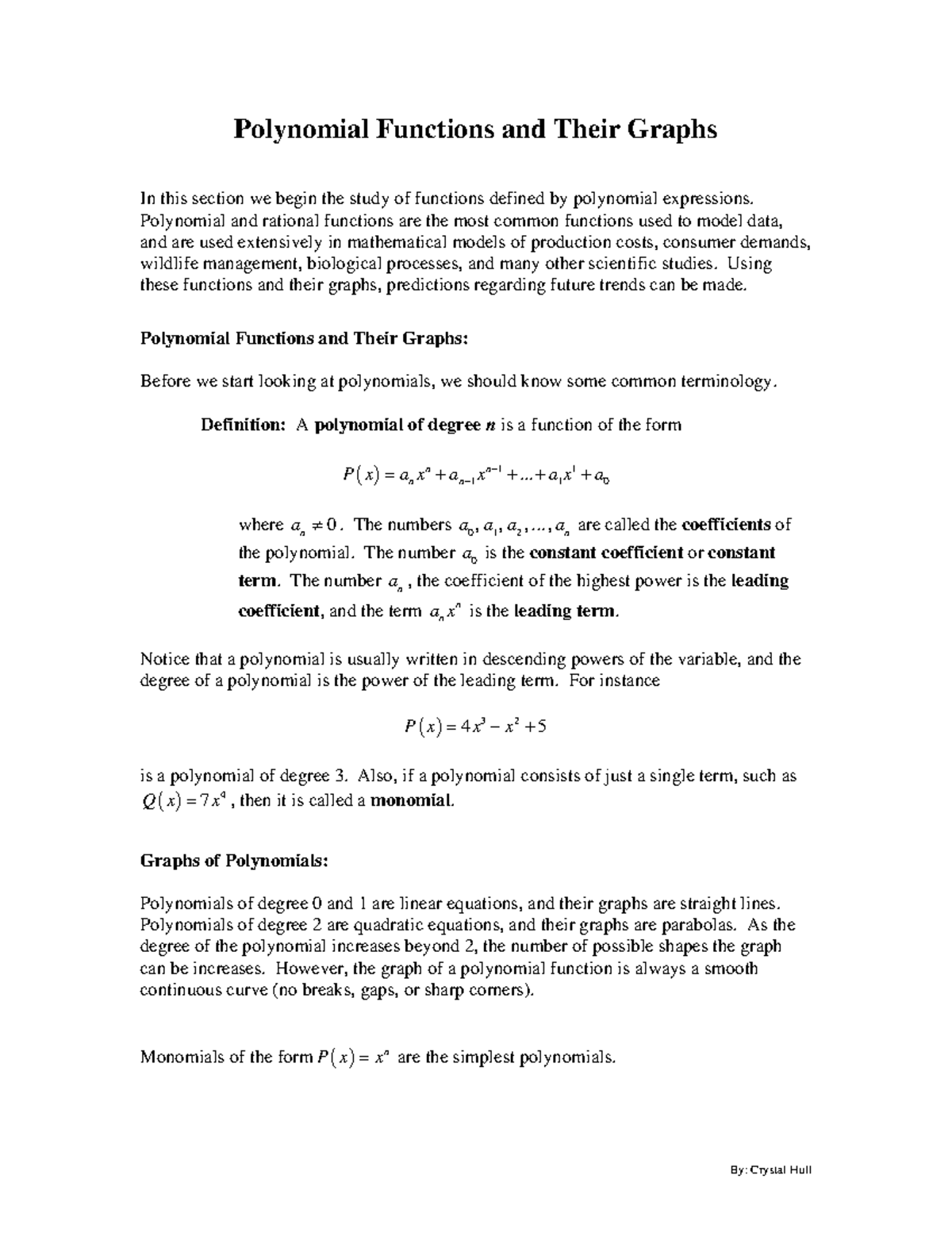 Math1414 Polynomial Functions Polynomial Functions And Their Graphs