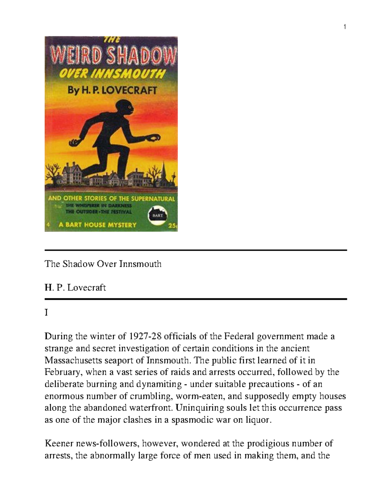 The Shadow Over Innsmouth - Lovecraft - The Shadow Over Innsmouth H. P ...