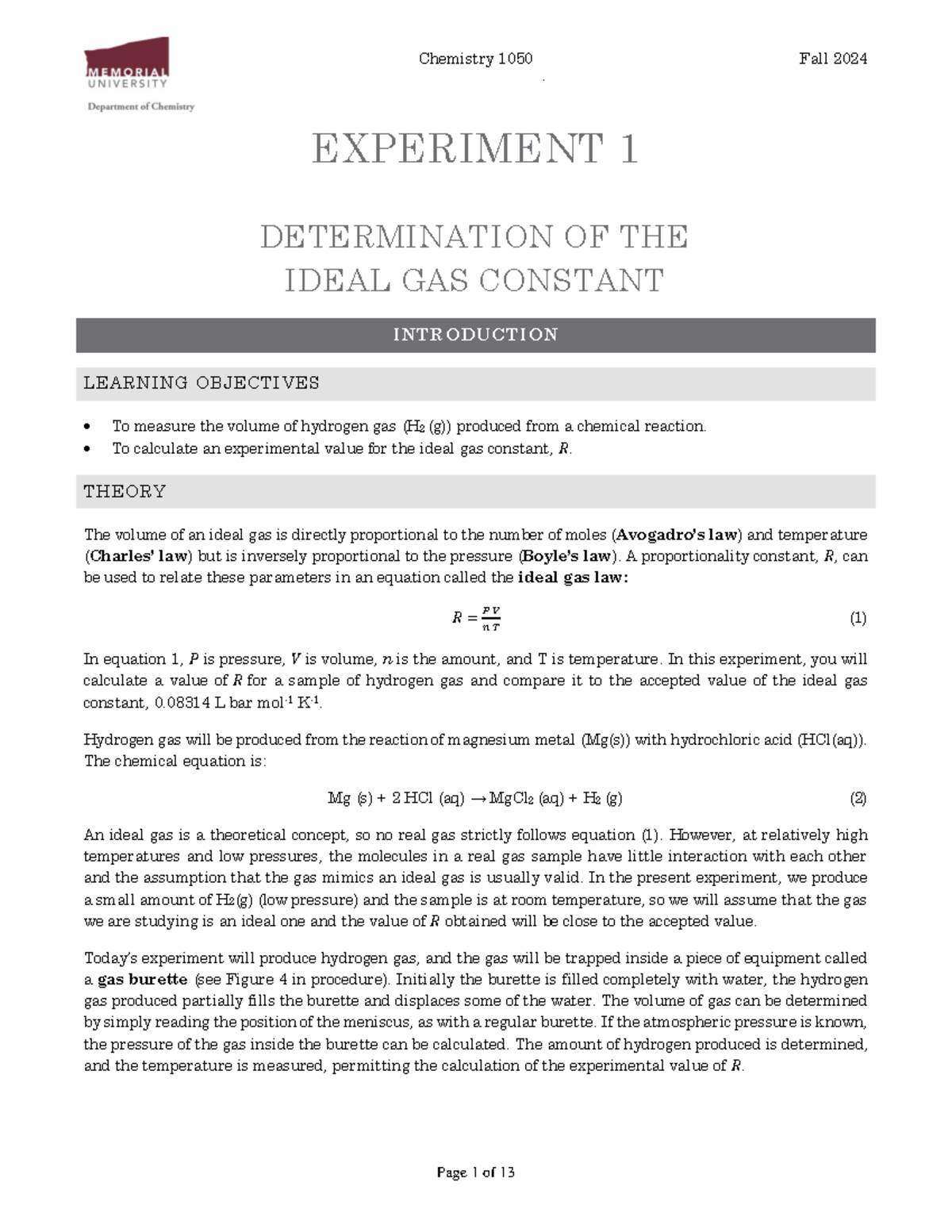 Chemlabgases - Laboratory - Chemistry 1050 Fall 2024 EXPERIMENT 1 ...