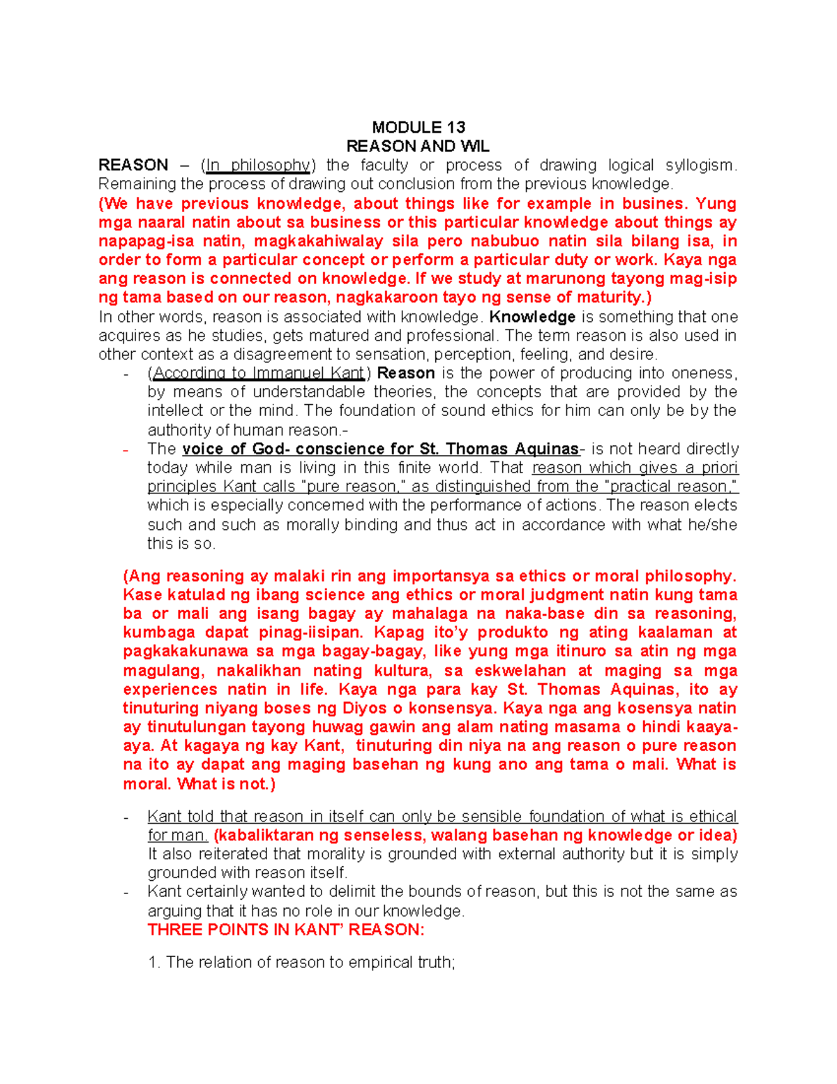 Ethics Module 12-14 - MODULE 13 REASON AND WIL REASON – (In philosophy ...