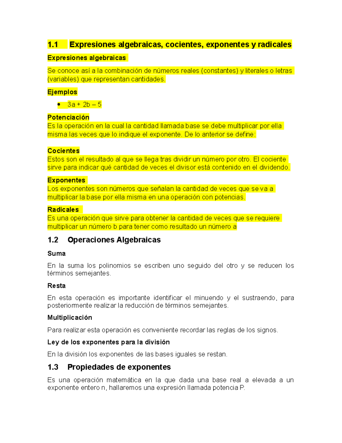 Expresiones algebraicas - Ejemplos 3a + 2b – 5 Potenciación Es la ...
