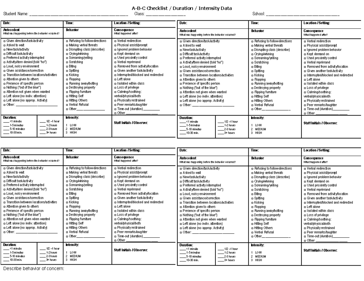 A b c checklist - Análise comportamental - comportamentos disruptivos ...