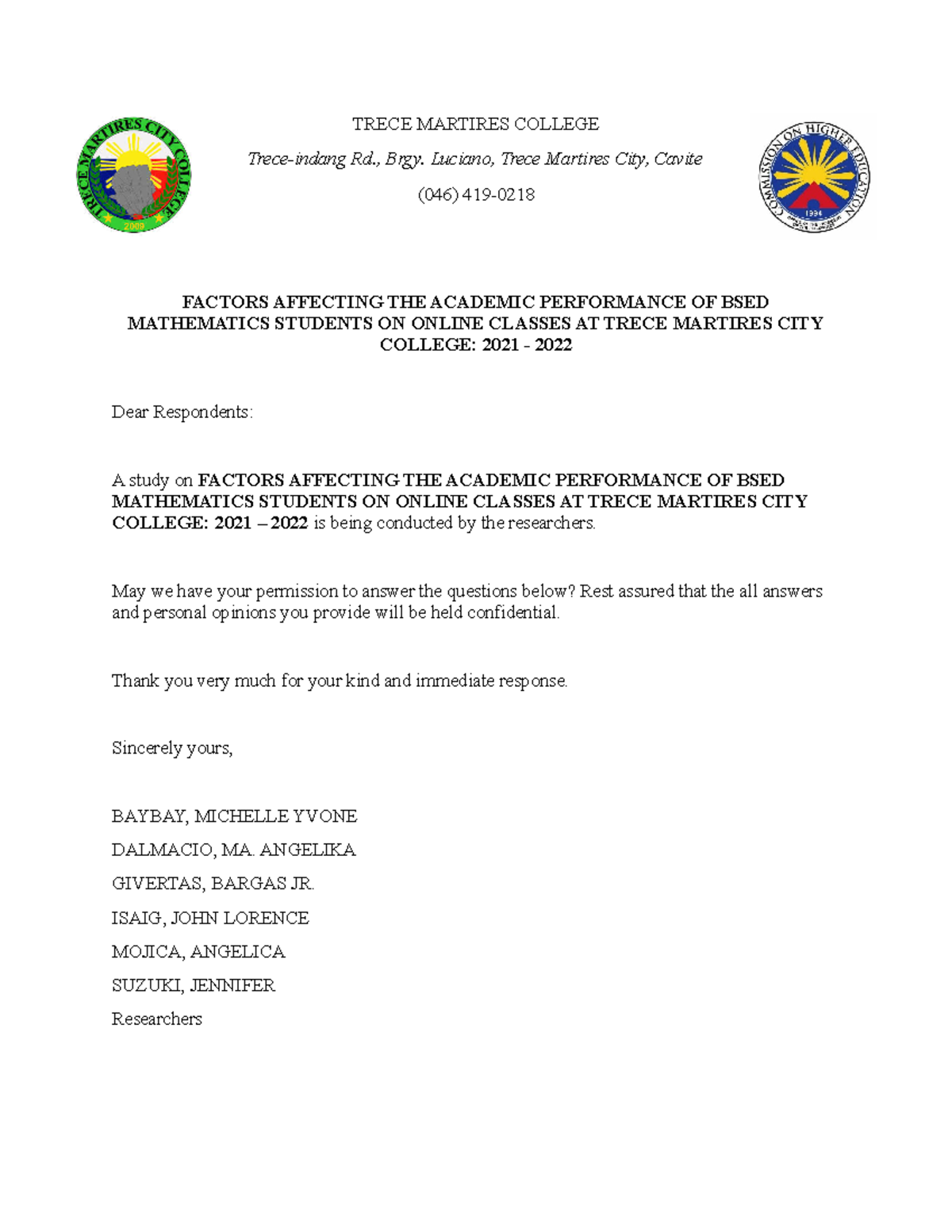 Research Instrument (Group 6) - TRECE MARTIRES COLLEGE Trece-indang Rd ...