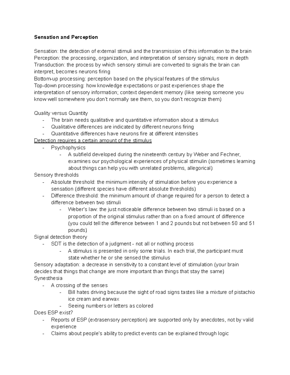 Psych chapter 5 - Sensation and Perception - Sensation and Perception ...