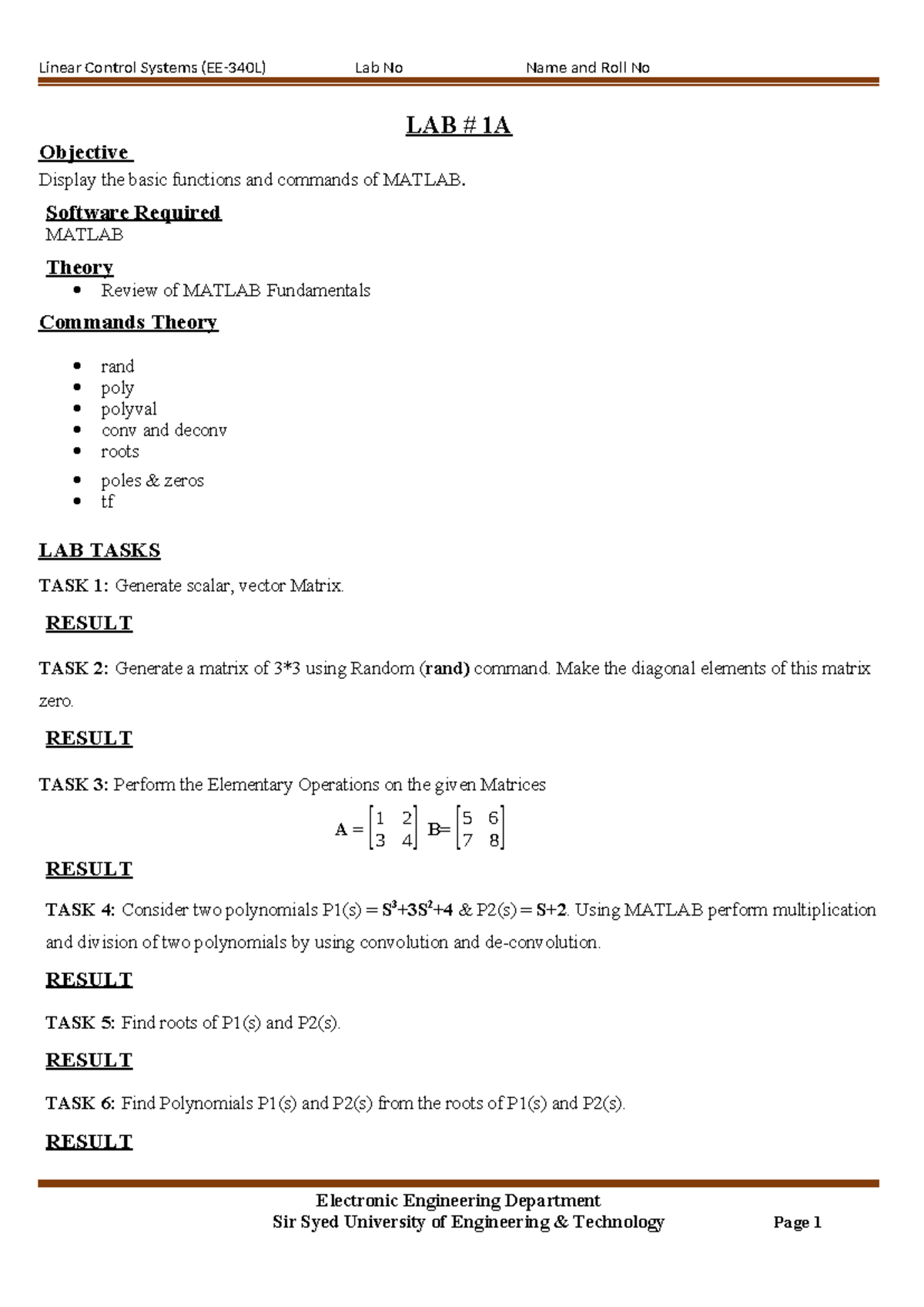 Lab 1a Lab 1 Of Linear Control System Which Perform On Matlab Linear Control Systems Ee