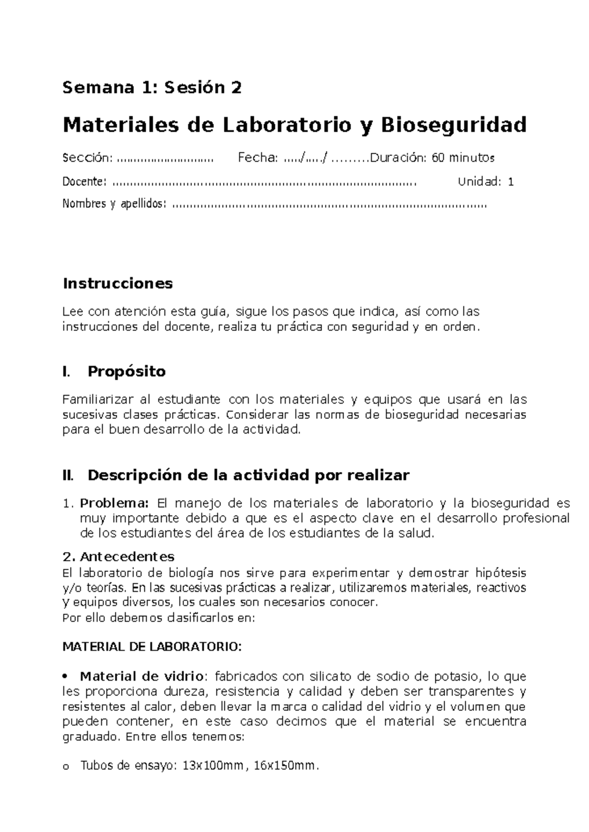 Practica 1 biologia - Semana 1: Sesión 2 Materiales de Laboratorio y Bioseguridad S ec c i ó n ...