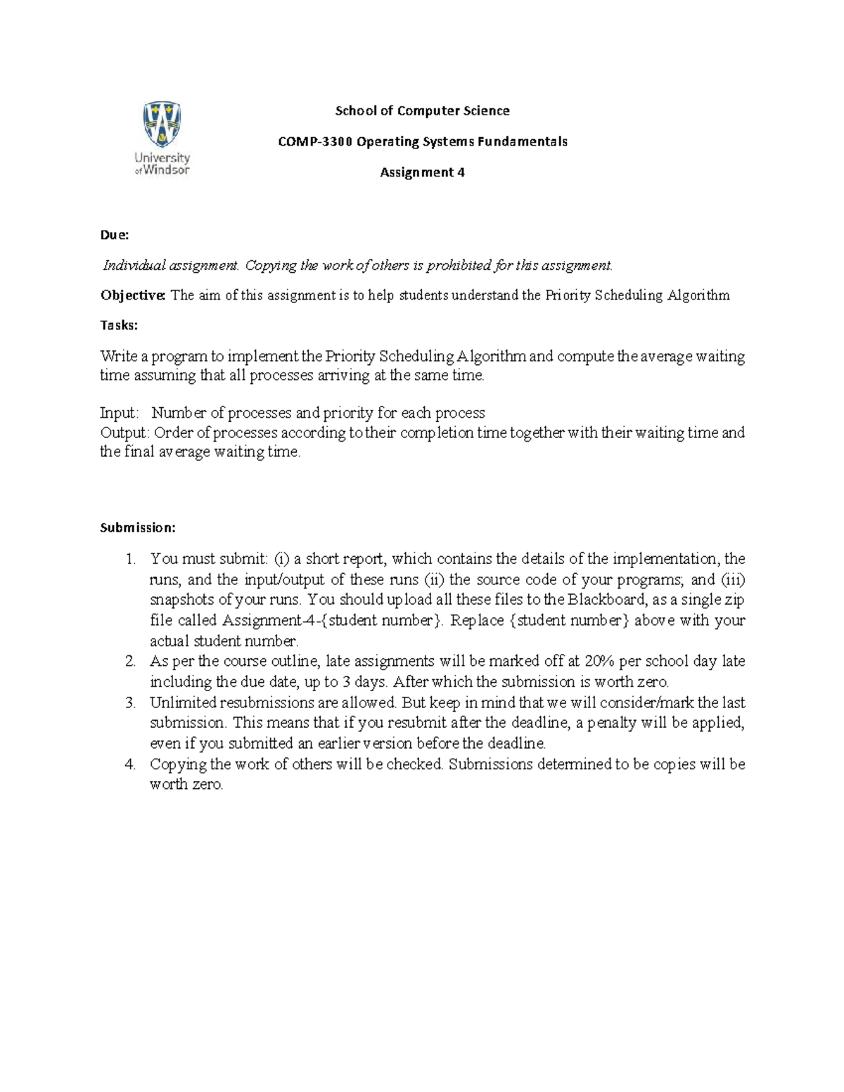 Assignment 4 - School of Computer Science COMP-3300 Operating Systems Fundamentals Assignment 4 ...