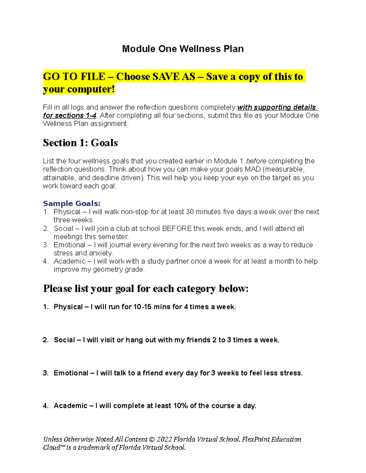 Module one wellness plan - Module One Wellness Plan GO TO FILE – Choose SAVE AS – Save a copy of ...