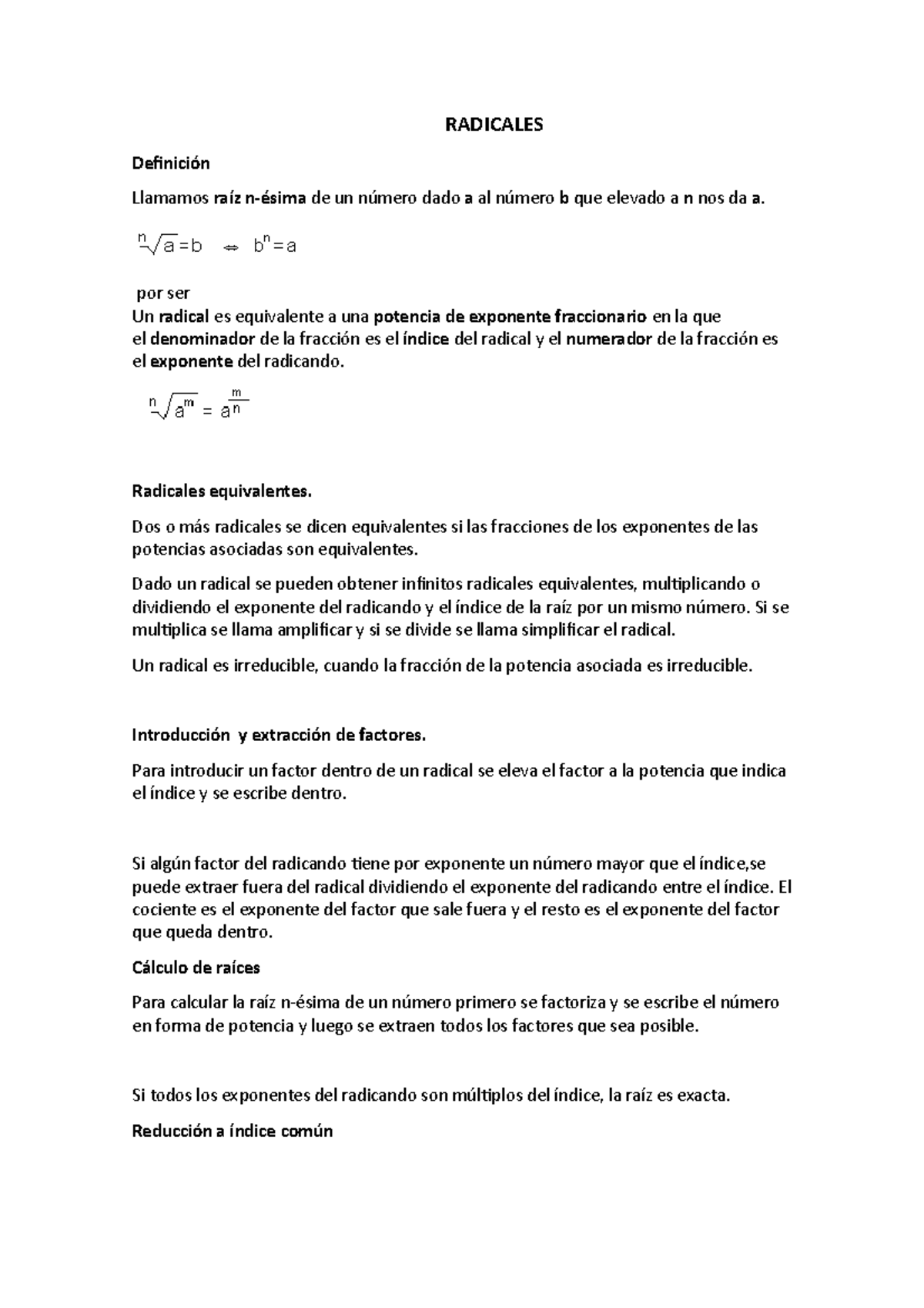 Radicales - para ayudar - RADICALES Definición Llamamos raíz n-ésima de ...