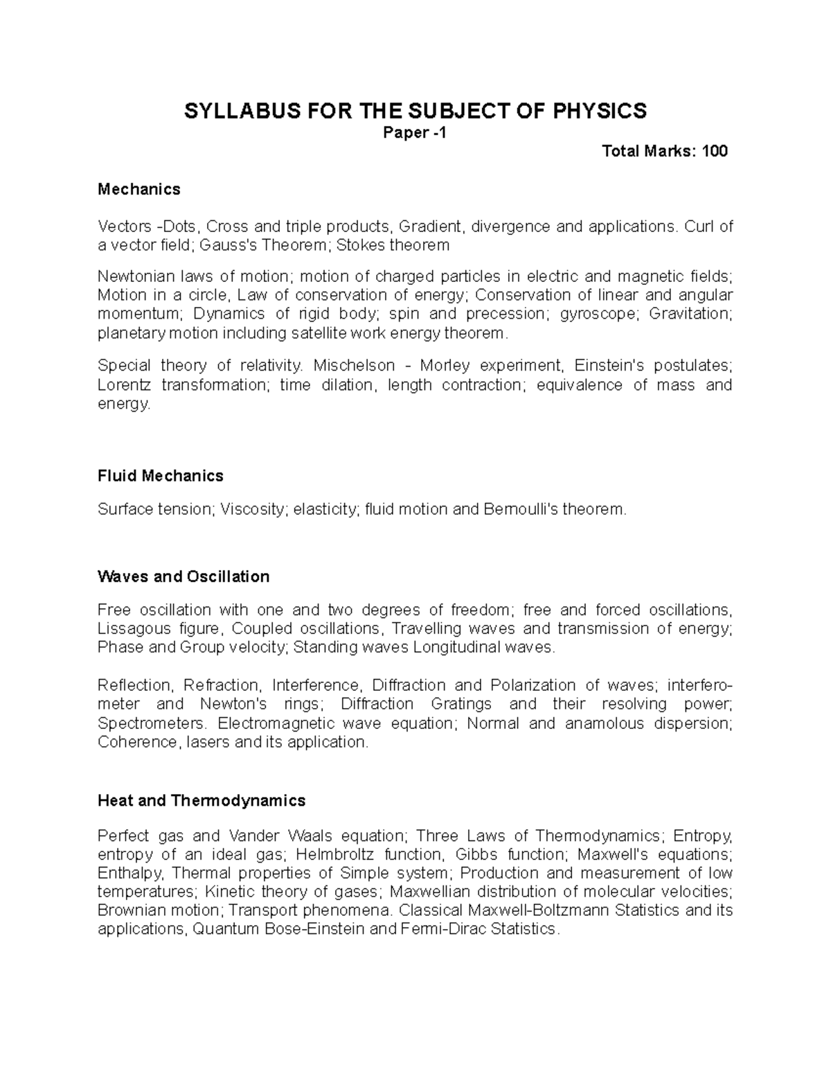 Syllabus FOR THE Subject OF Physics SYLLABUS FOR THE SUBJECT OF