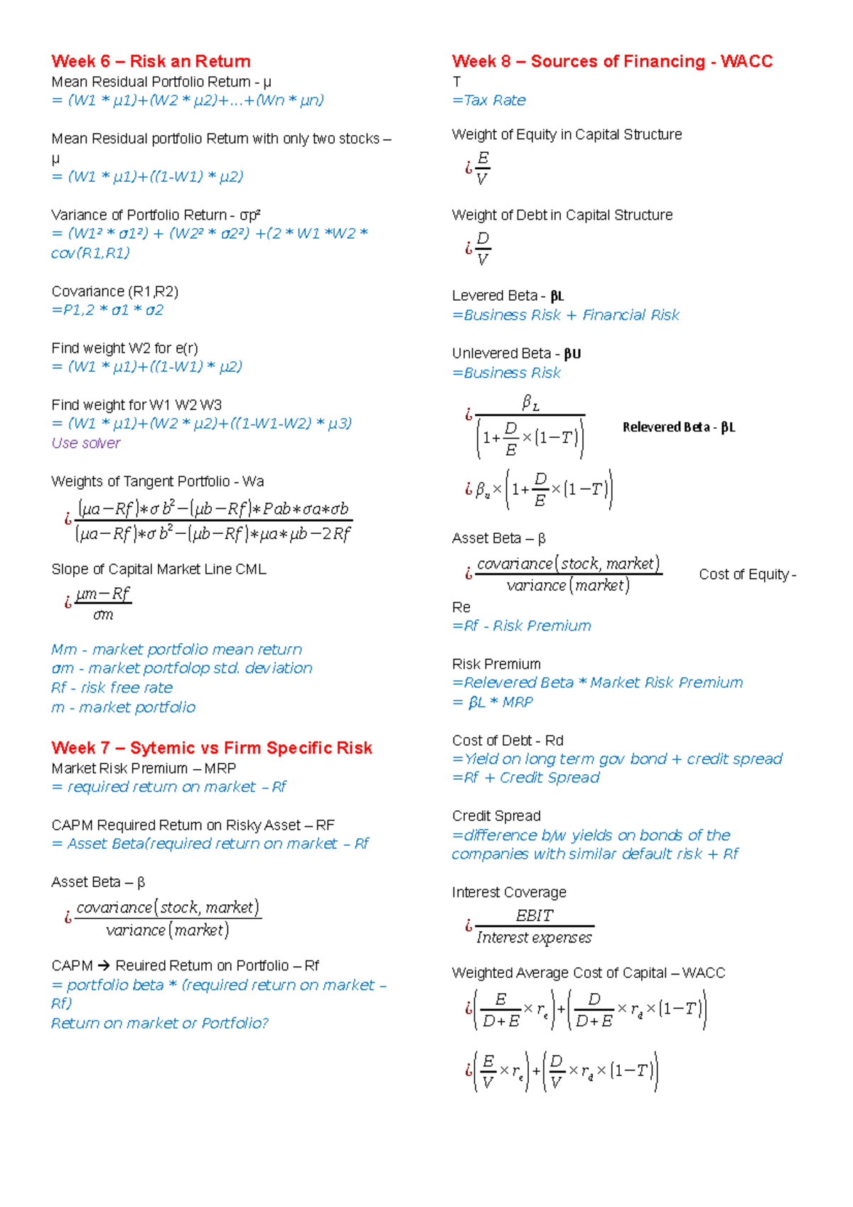 Final EXAM Formula Sheet - Week 6 – Risk an Return Mean Residual ...