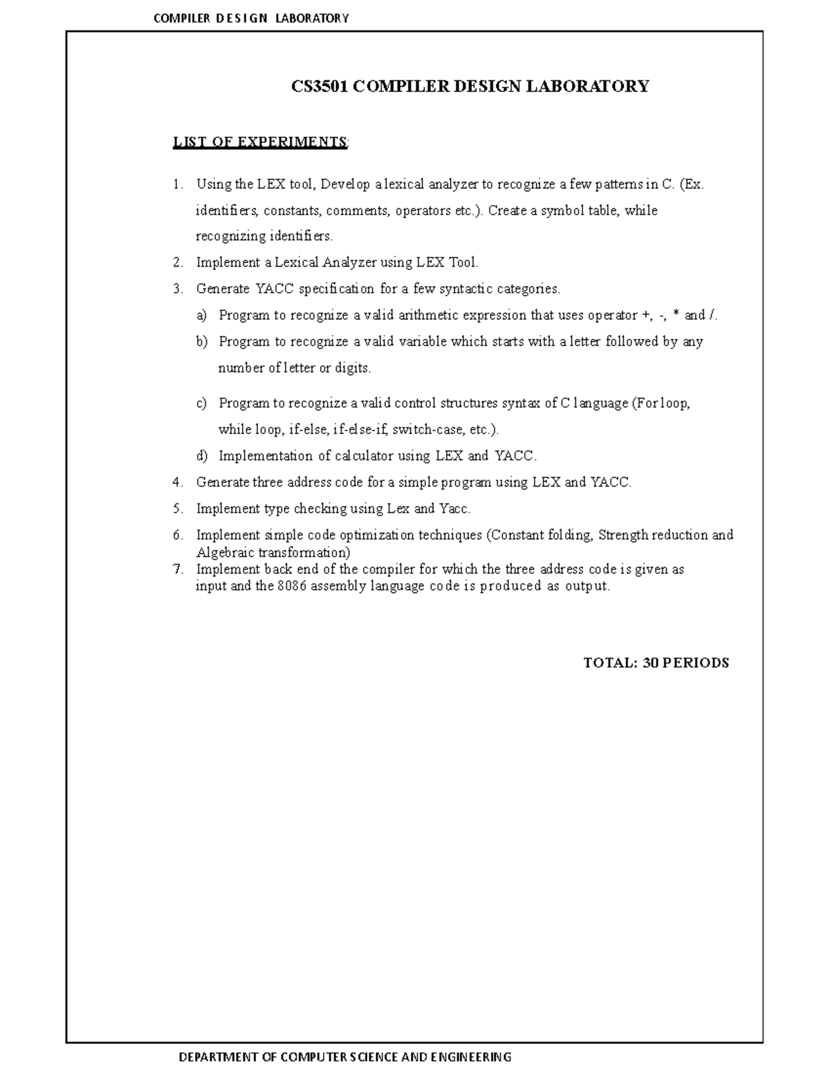 Cd lab - notes - COMPILER D E S I G N LABORATORY DEPARTMENT OF COMPUTER ...