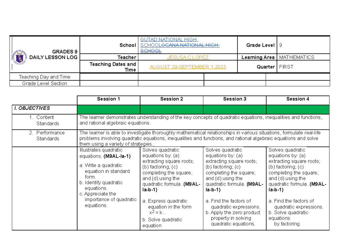 DLL-WK 1-LC 1 - Hope it can help you. - GRADES 9 DAILY LESSON LOG ...