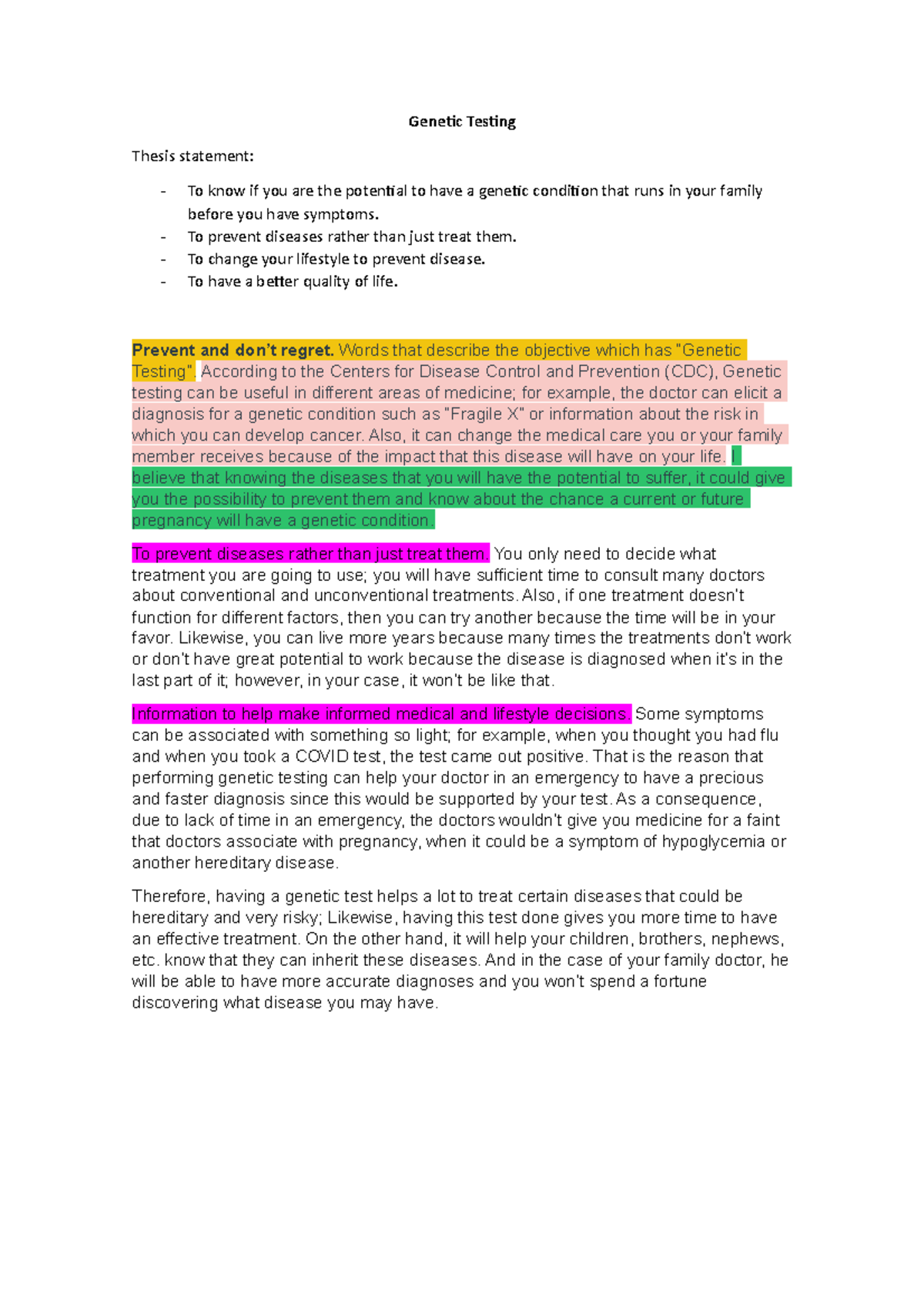 Genetic Testing - It's an outline with 4 pragraphs. - Genetic Testing ...