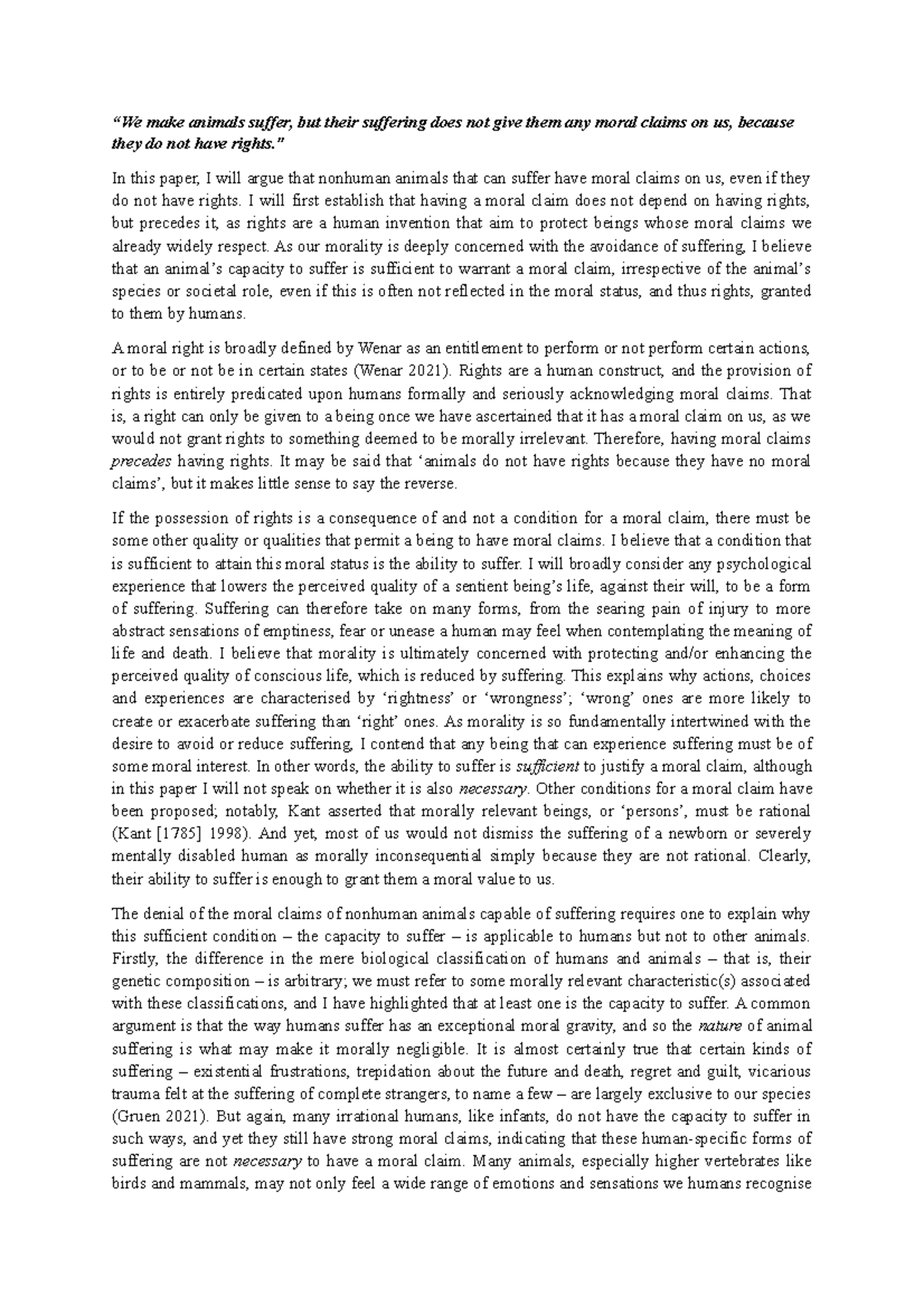 Exemplar sample Final Exam - “We make animals suffer, but their ...