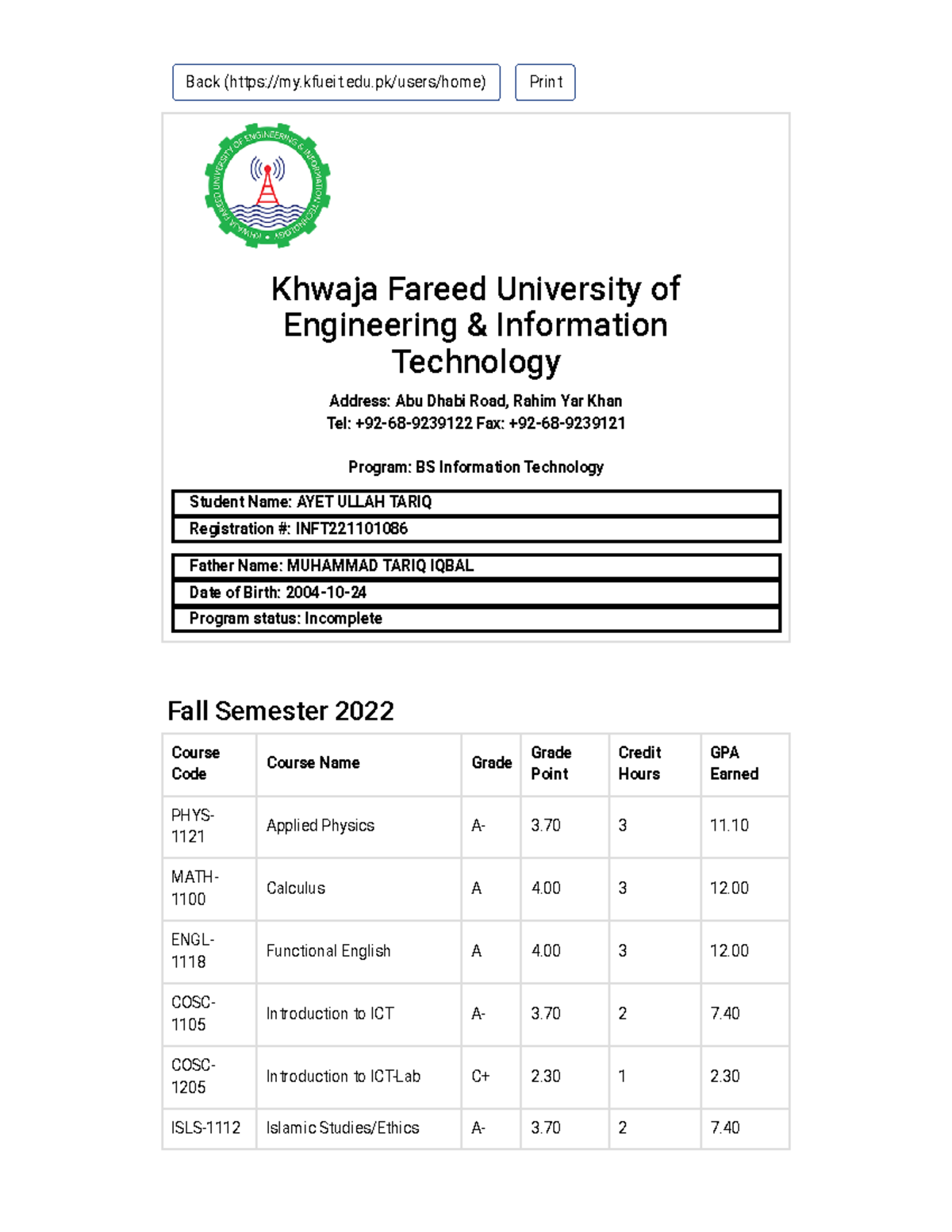 Transcript - Back (my.kfueit.edu/users/home) Print Fall Semester 2022 ...