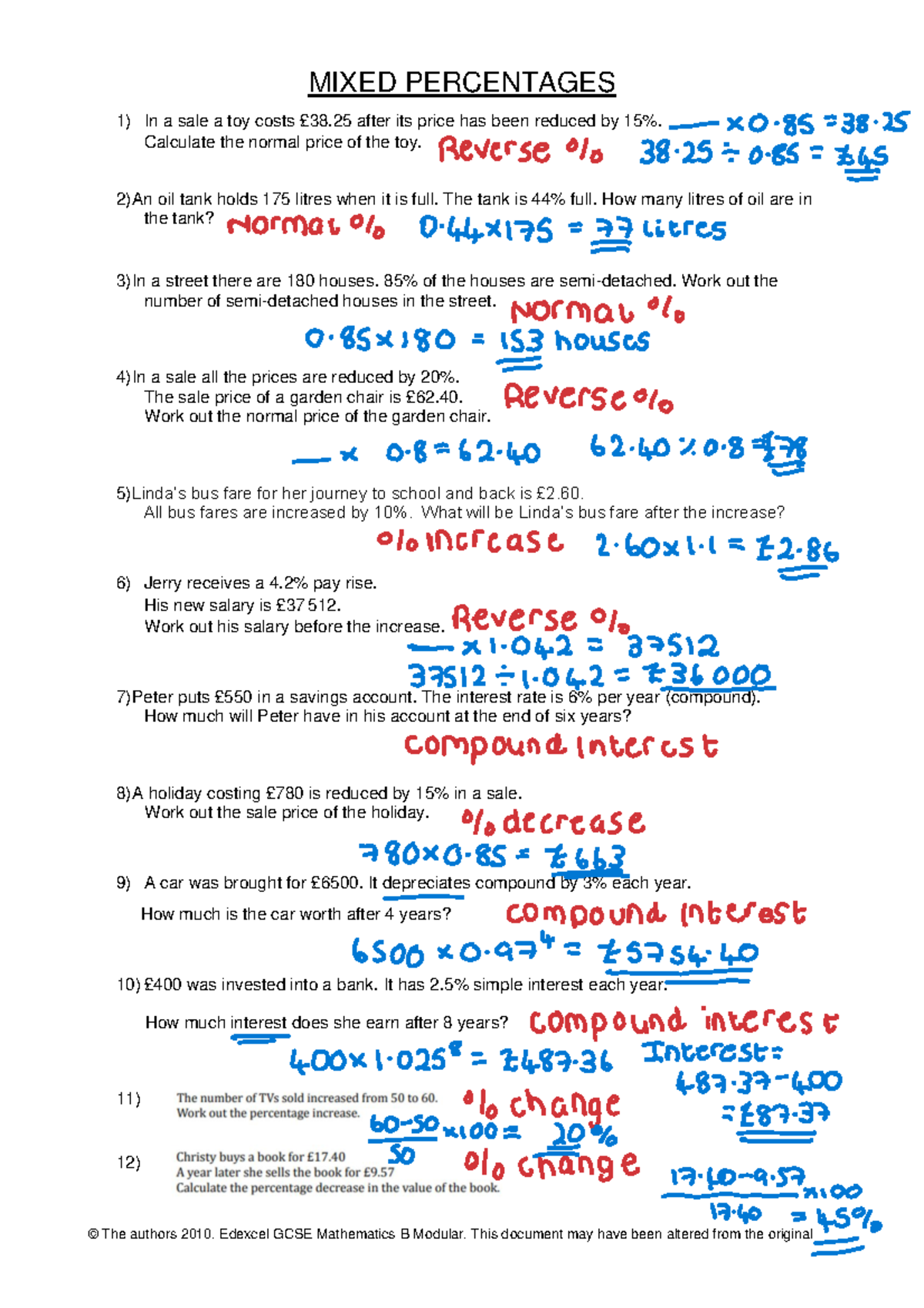 2. Mixed Percentage Questions Answers - MIXED PERCENTAGES © The authors ...